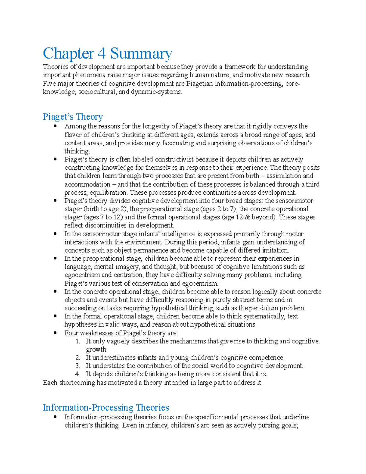 Chapter 4 Summary - How Children Develop - Chapter 4 Summary Theories ...