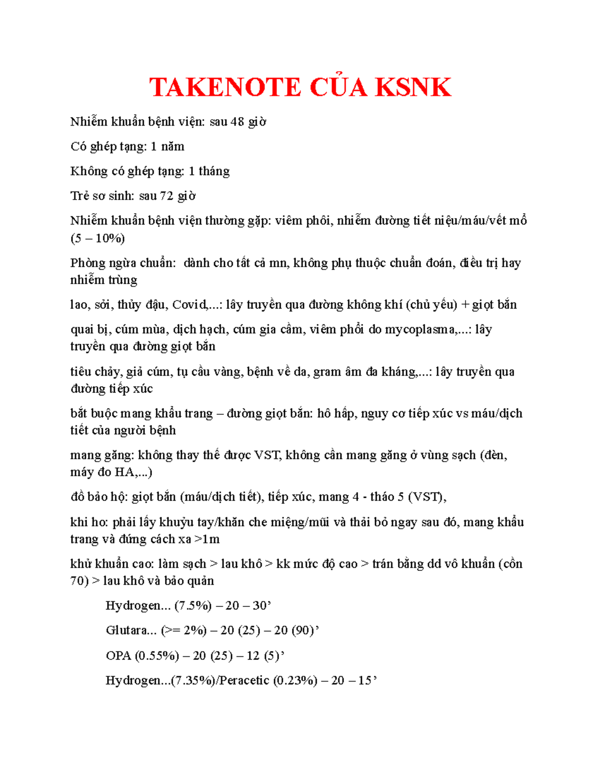 Takenote CỦA KSNK - nlkpj - TAKENOTE CỦA KSNK Nhiễm khuẩn bệnh viện ...