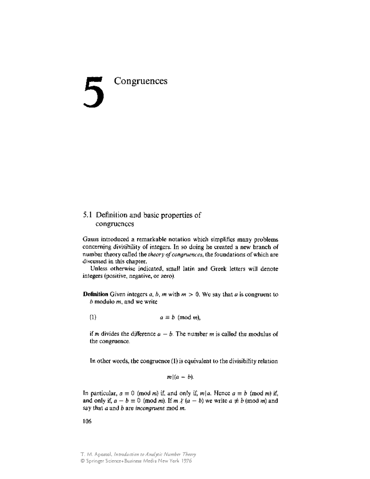Analytical number theory 3 - 5 Congruences 5 Definition and basic ...