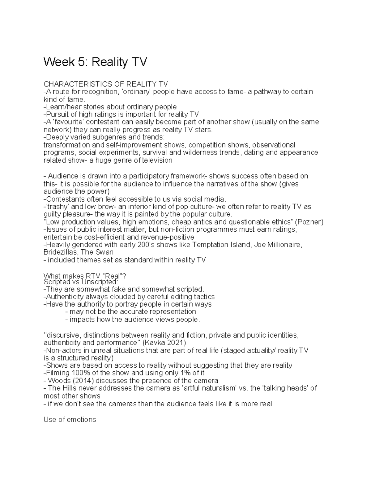 Women in pop midterm notes - Week 5: Reality TV CHARACTERISTICS OF ...