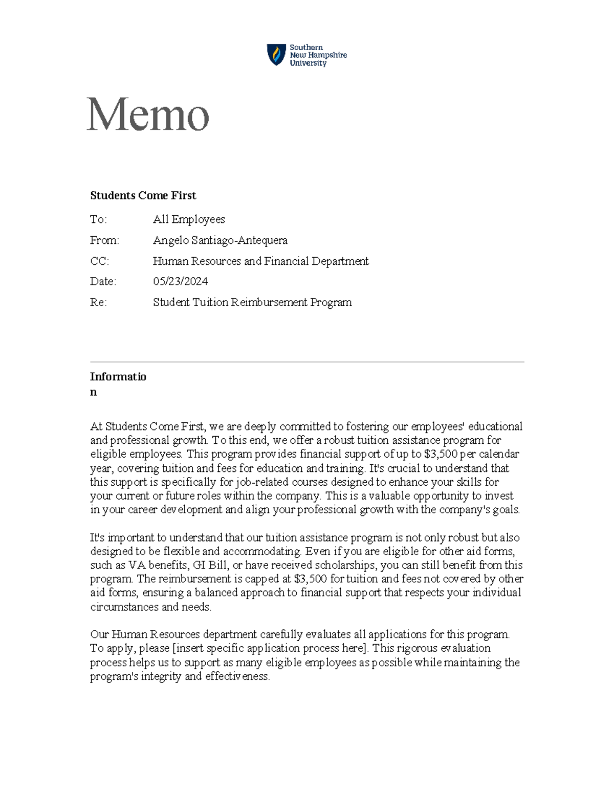 ENG 220 Memo Template - Memo Students Come First To: All Employees From ...