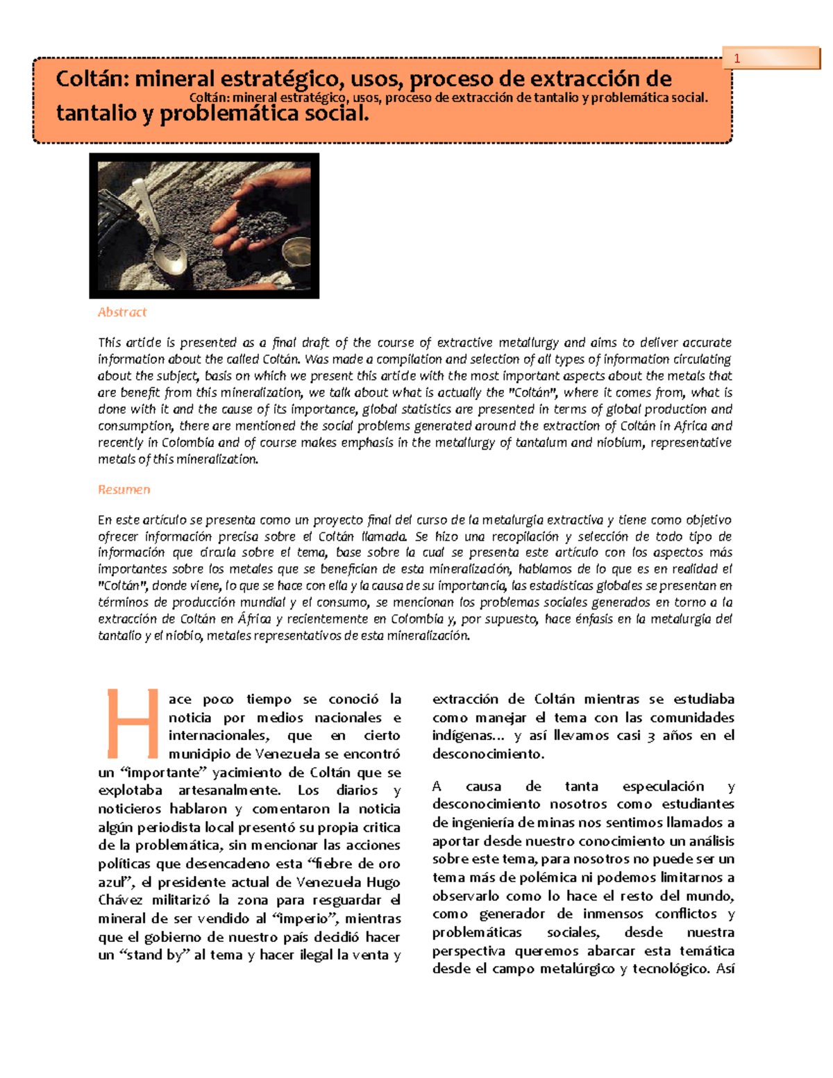 Proyecto Final Coltan - 1 Coltán: mineral estratégico, usos, proceso de ...