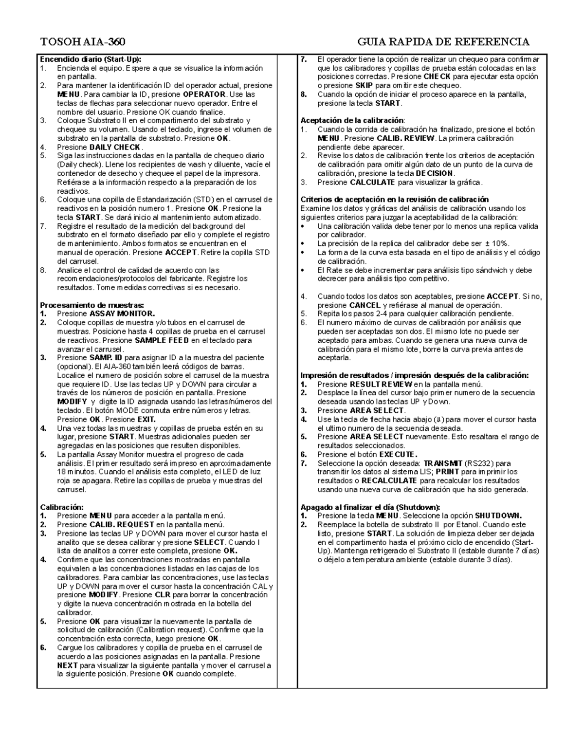 AIA 360 GUIA Rapida - manual - TOSOH AIA-360 GUIA RAPIDA DE REFERENCIA Encendido diario (Start ...