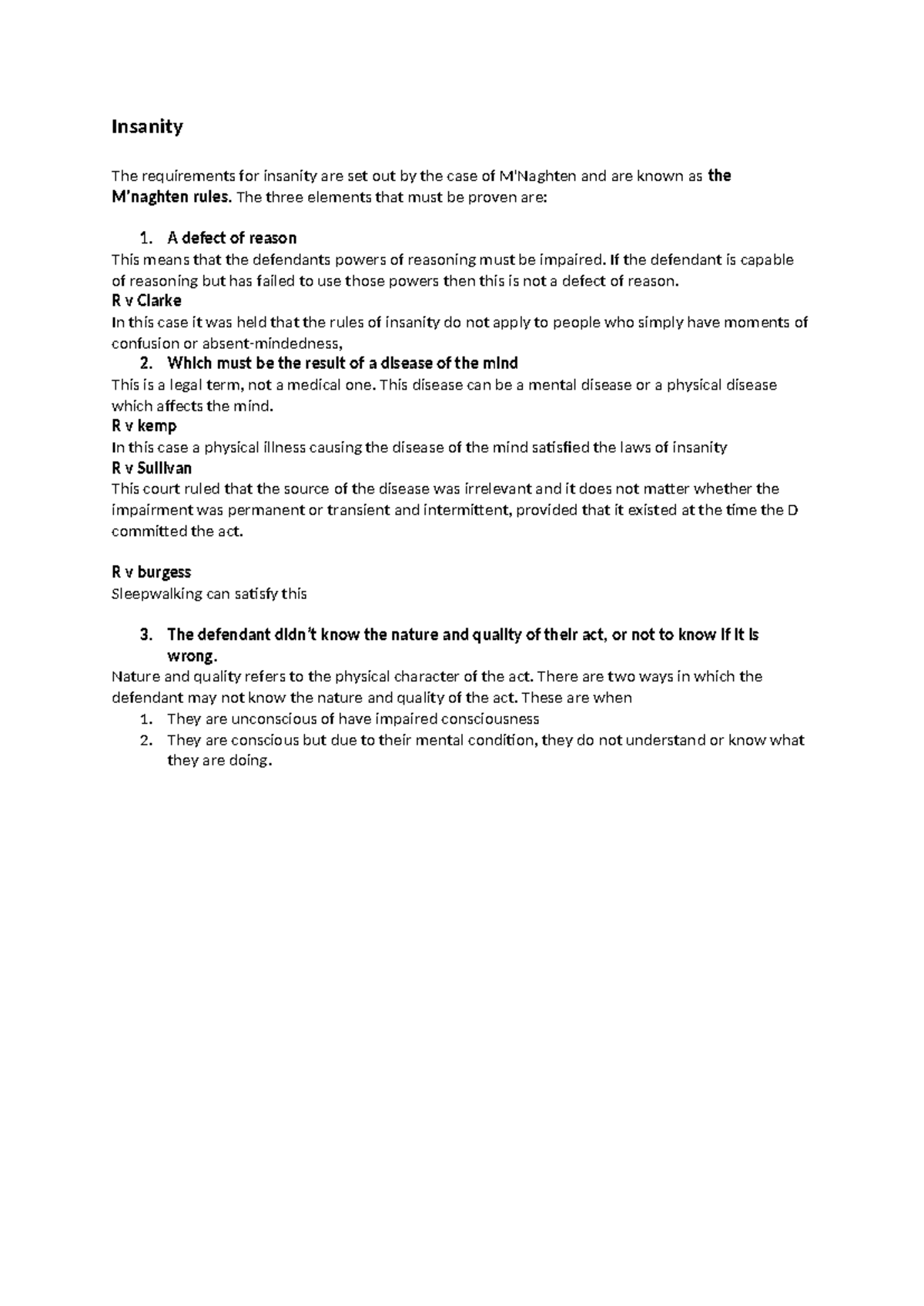 Insanity - ocr a level law help - Insanity The requirements for ...