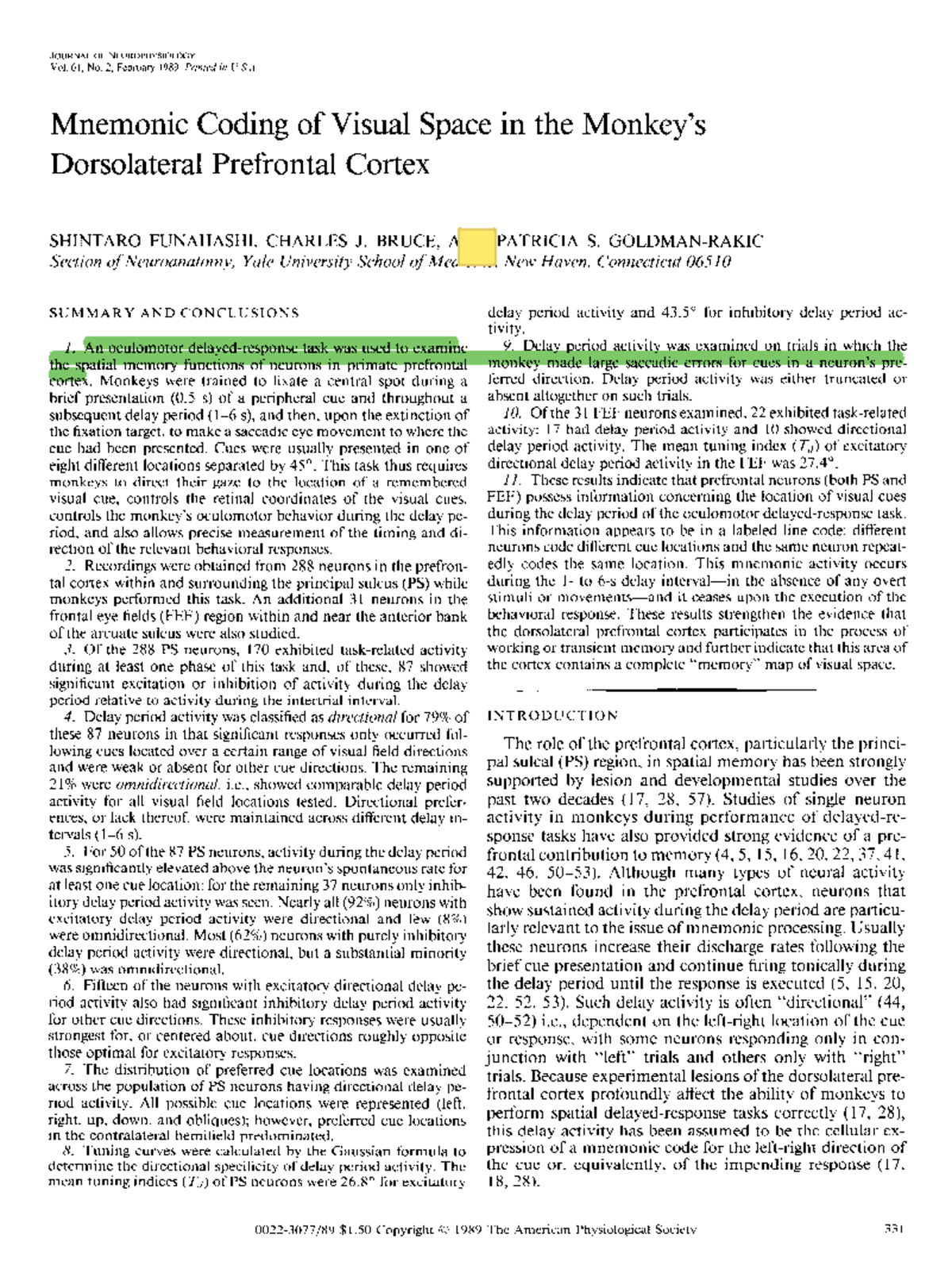 Funahashi 1989 Journal of Neurophysiology - JOURNALOFNEUROPHYSIOLOGY ...