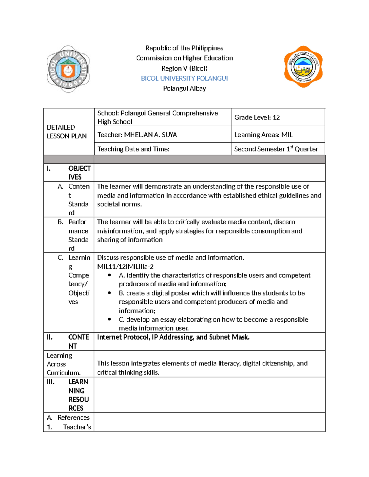 Week3 day1 DLP suya - lesson plan - Republic of the Philippines ...