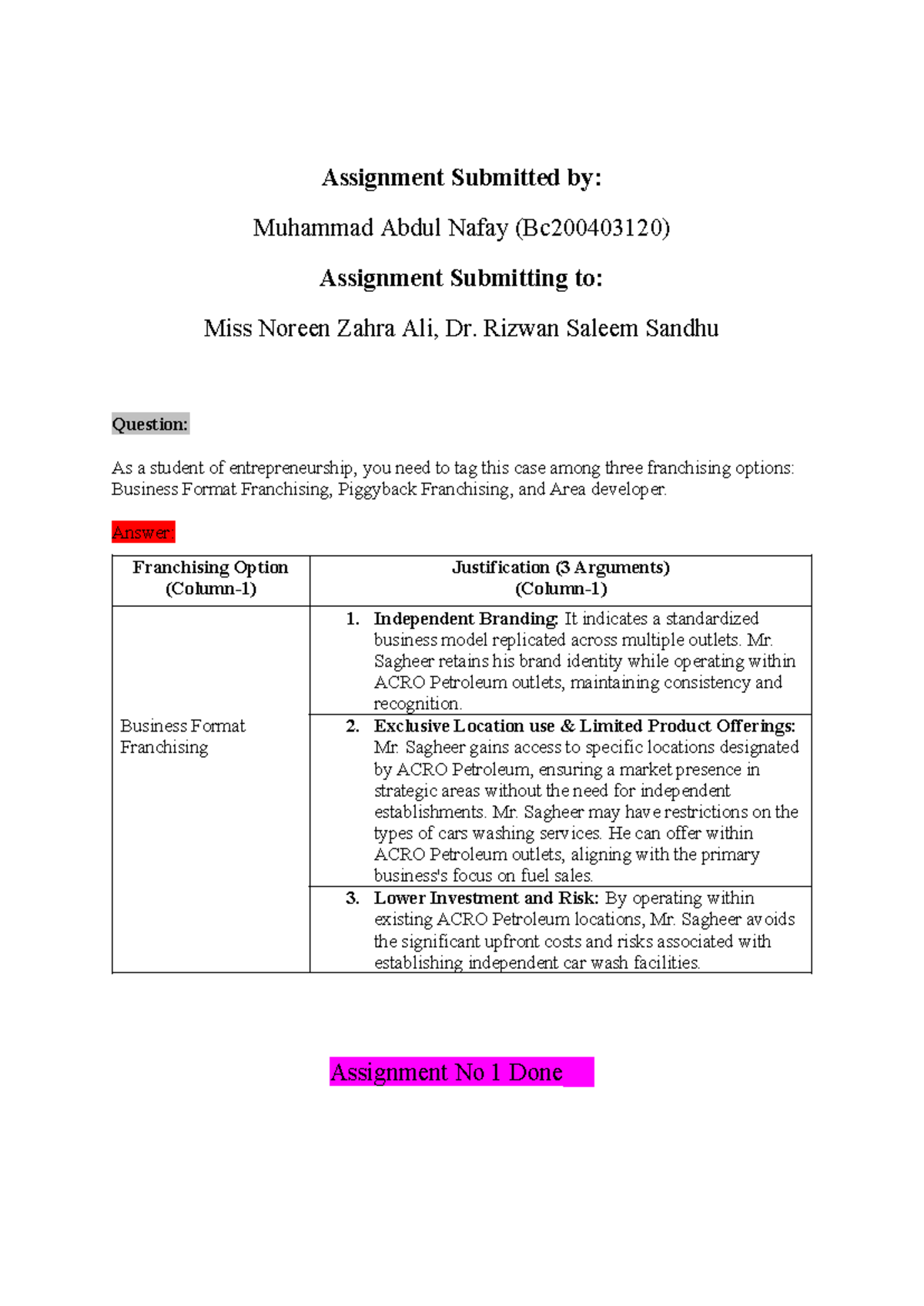 Mgt602 Assignment 1 - Assignment Submitted by: Muhammad Abdul Nafay (Bc200403120) Assignment ...