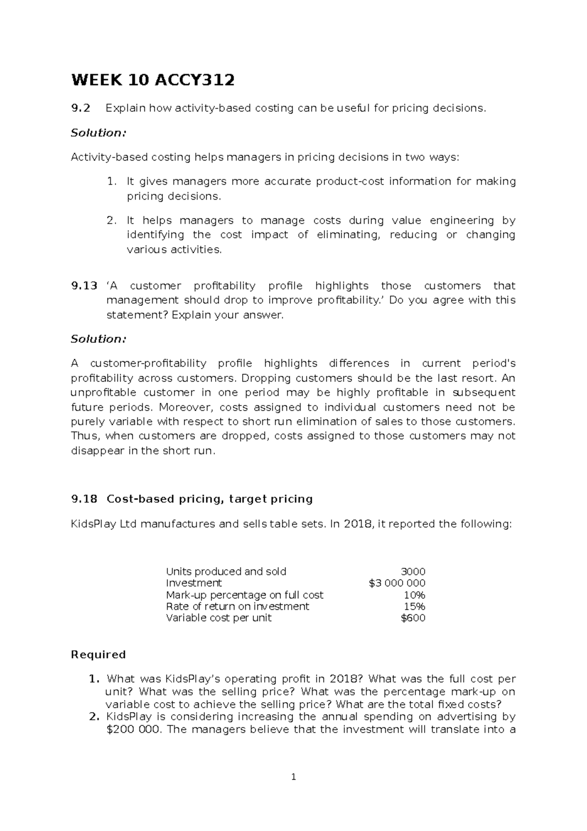 WEEK 10 ACCY312 - ACCY 312 - Week 10 tutorial answer - WEEK 10 ACCY 9 ...