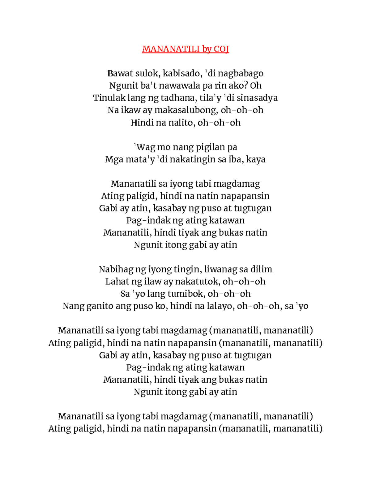 Joewah'S Lyrics - MANANATILI by COJ Bawat sulok, kabisado, 'di ...