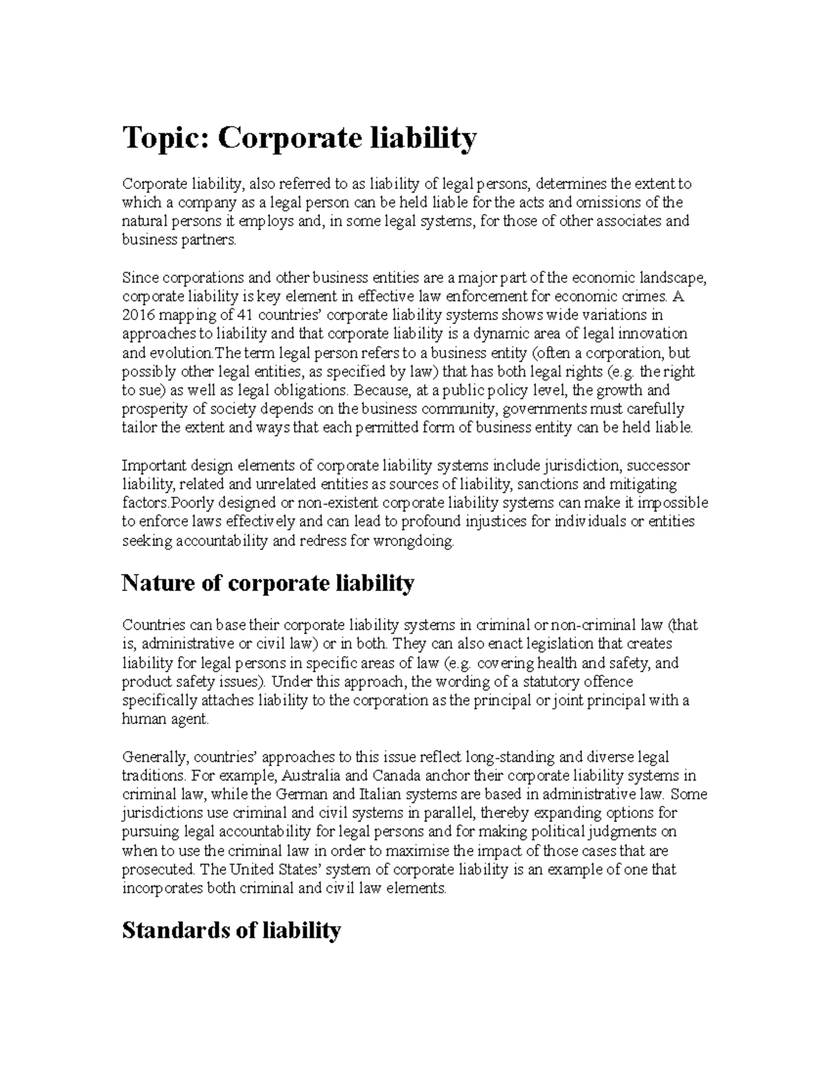 Corporate liability - Topic: Corporate liability Corporate liability ...