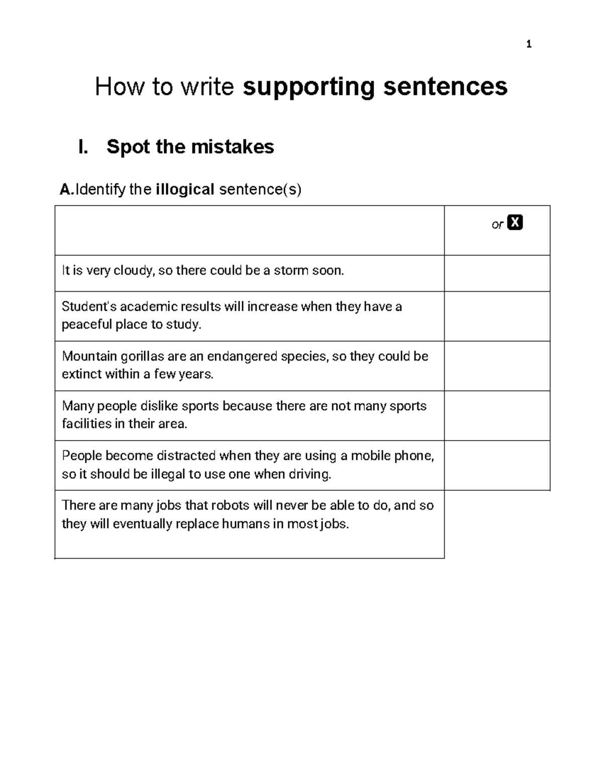 Writing - How to write supporting sentences I. Spot the mistakes A the ...