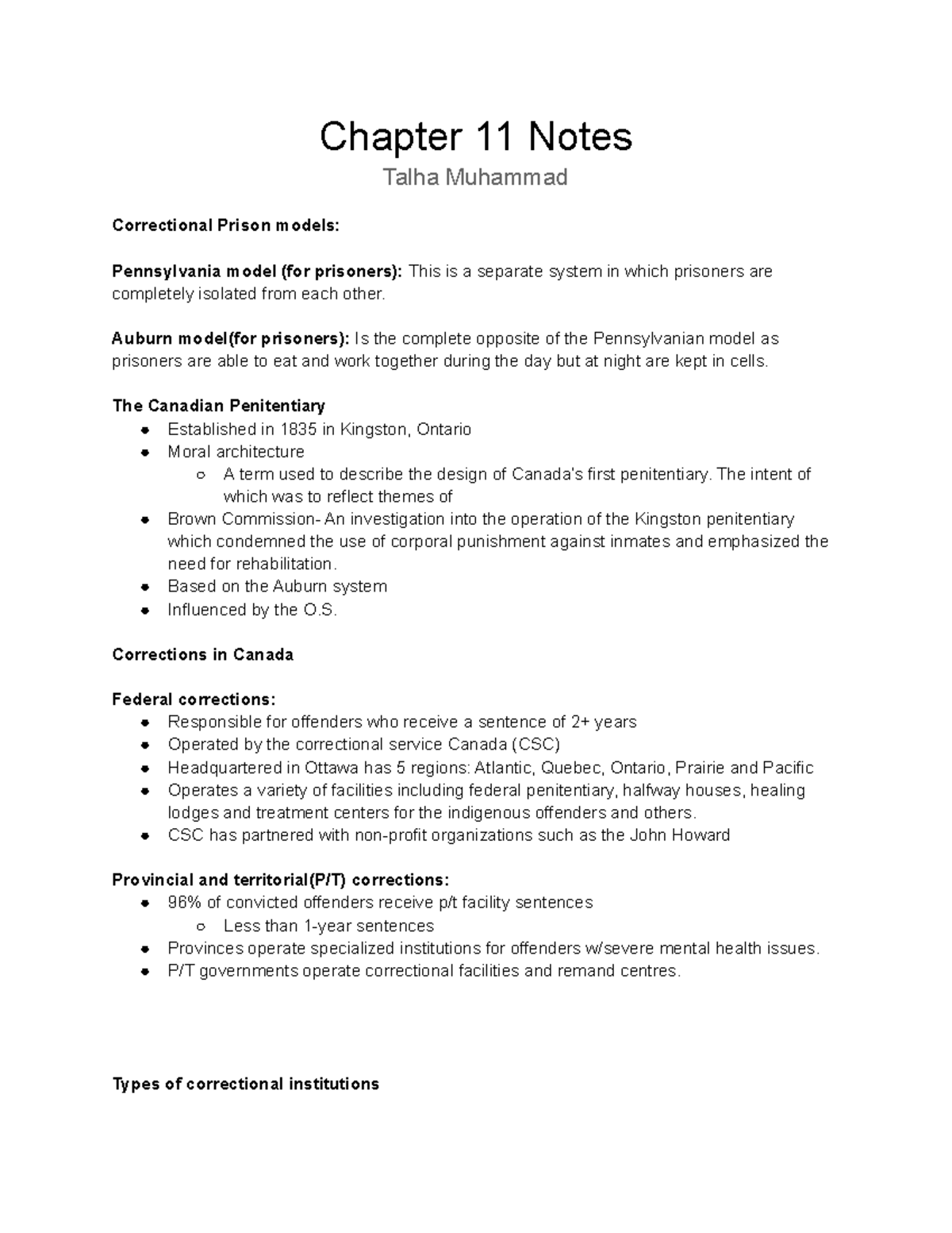 Chapter 11 Notes - Chapter 11 Notes Talha Muhammad Correctional Prison ...