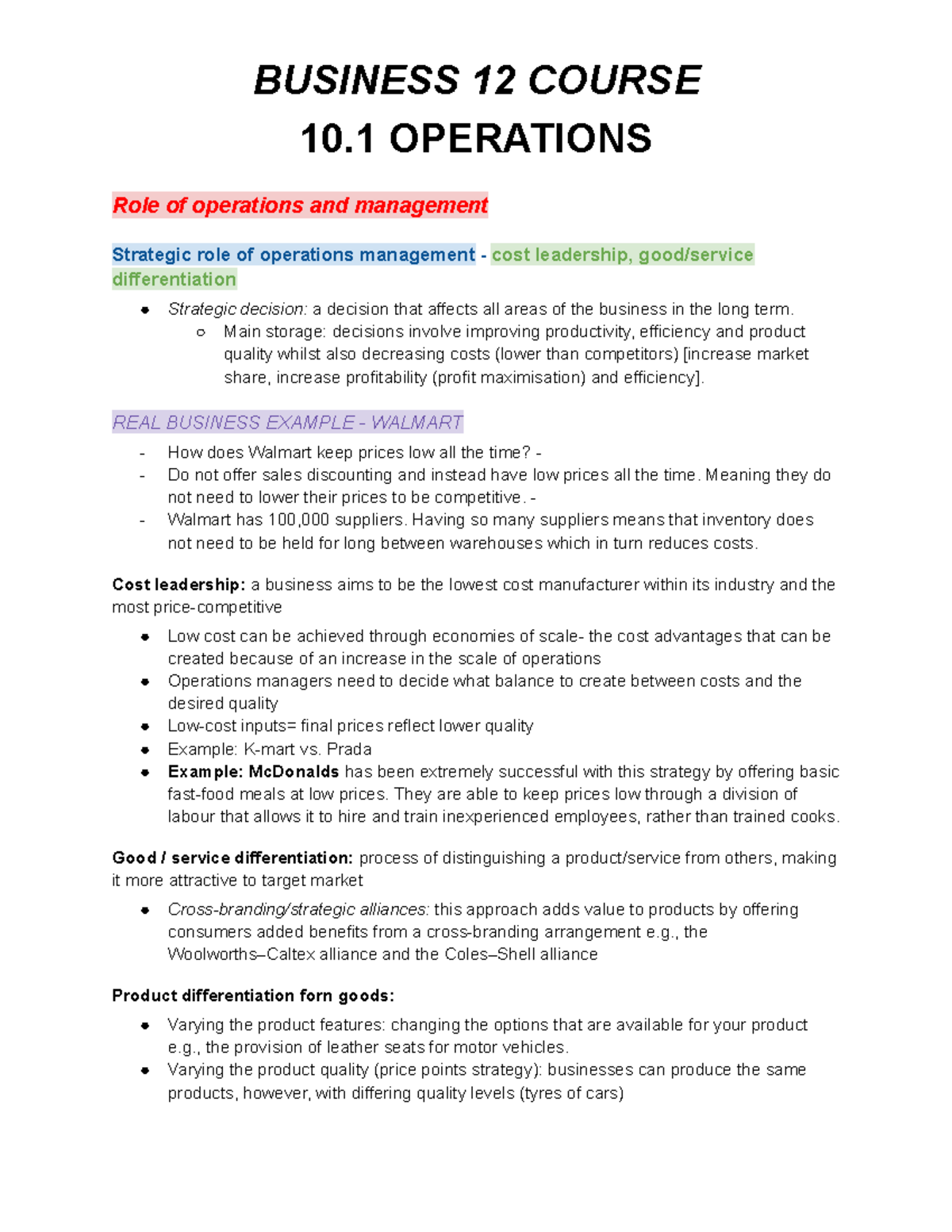 Business Studies: year 12 full notes - 10 OPERATIONS Role of operations ...