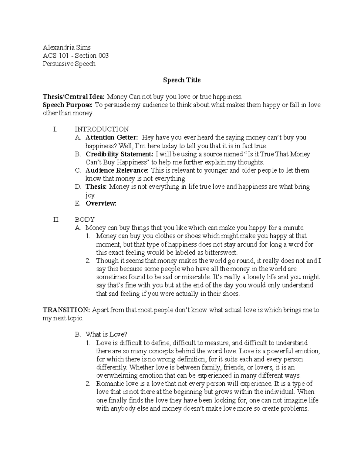 Persuasive Speech Outline - Alexandria Sims ACS 101 - Section 003 ...