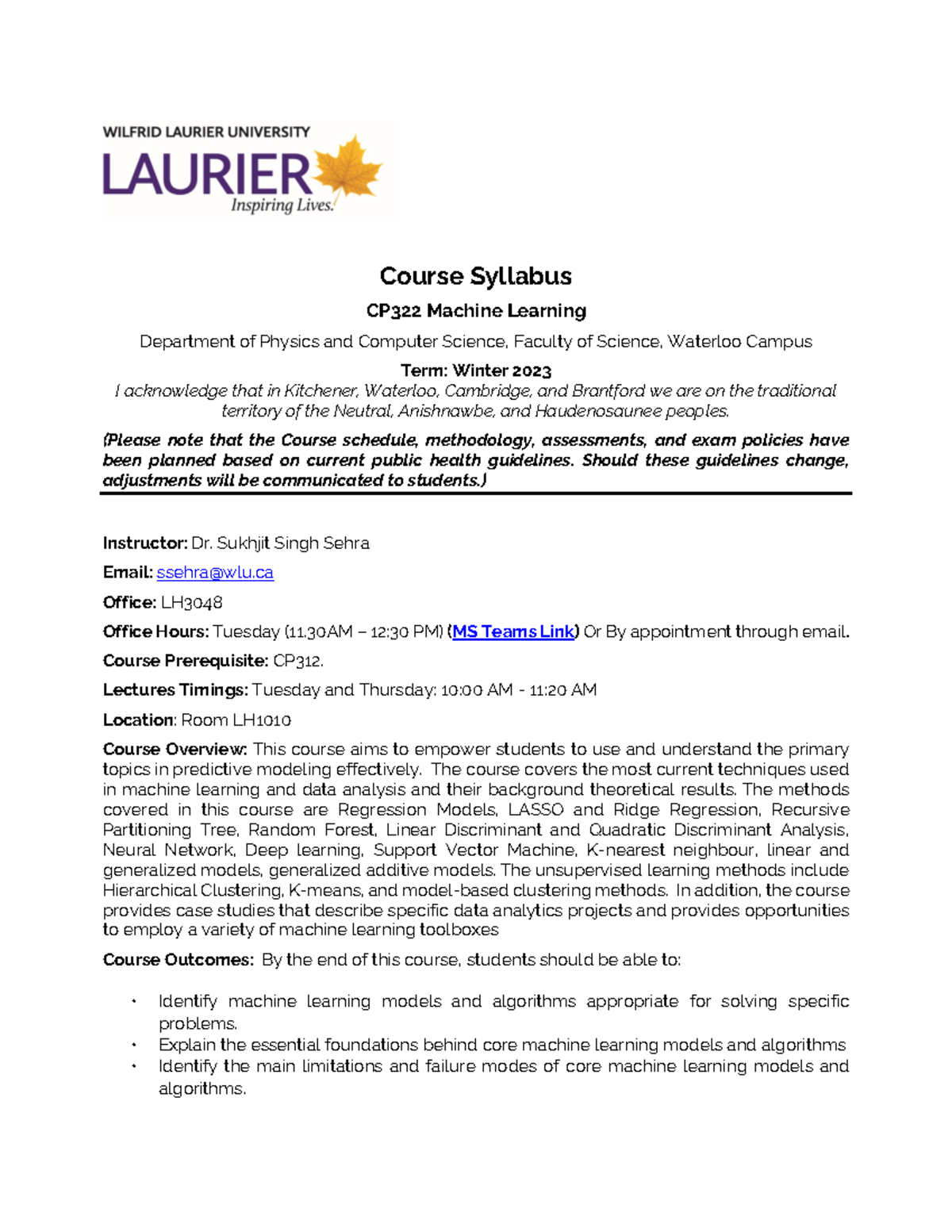 CP322 W23 syllabus - Course Syllabus CP322 Machine Learning Department of Physics and Computer ...