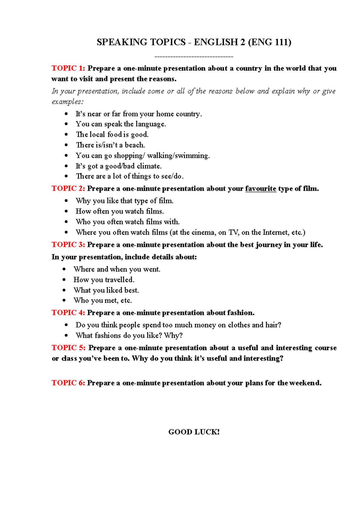 Speaking Topics English 2 SPEAKING TOPICS ENGLISH 2 ENG 111 speaking-topics-english-2-speaking-topics-english-2-eng-111