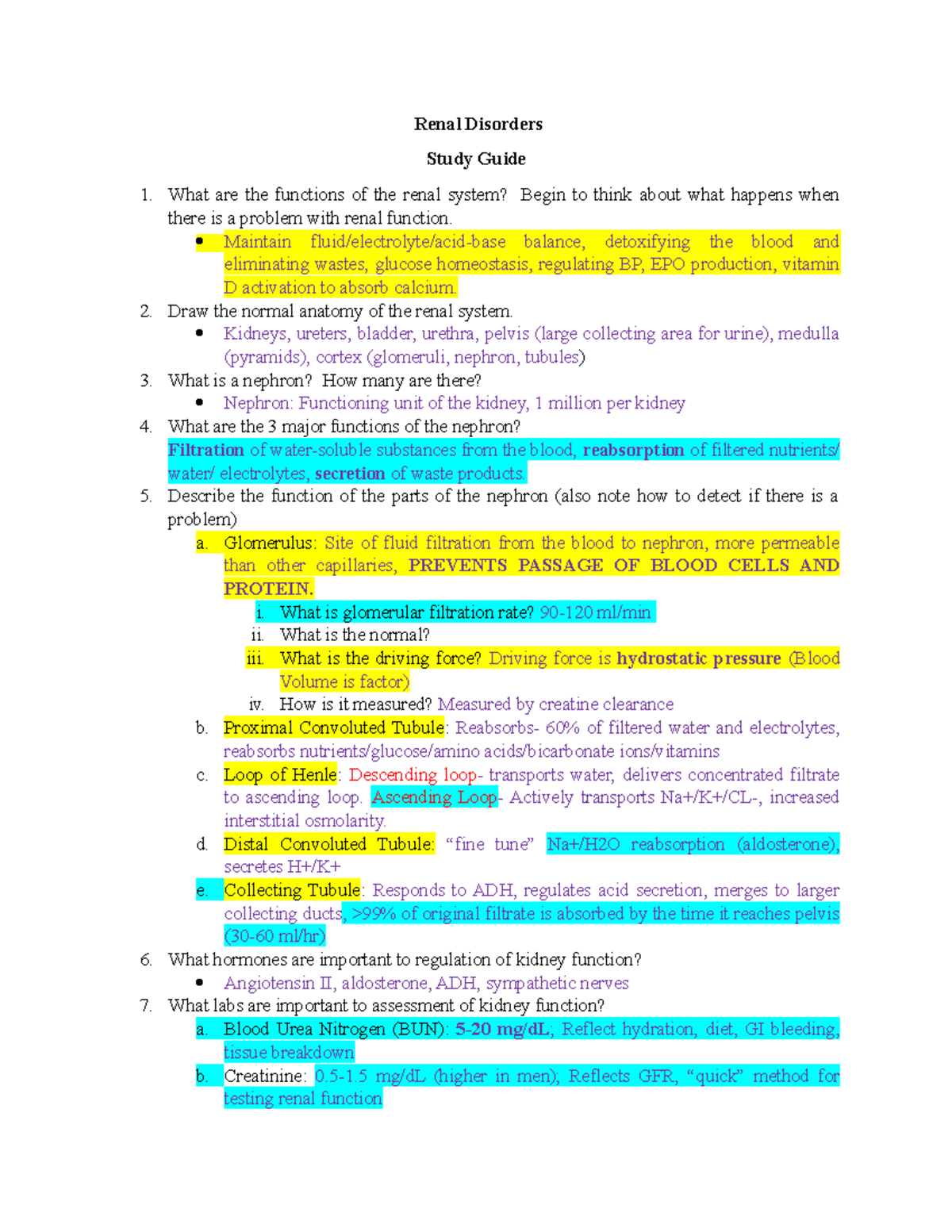 Renal Study Guide - ...... - Renal Disorders Study Guide What are the ...