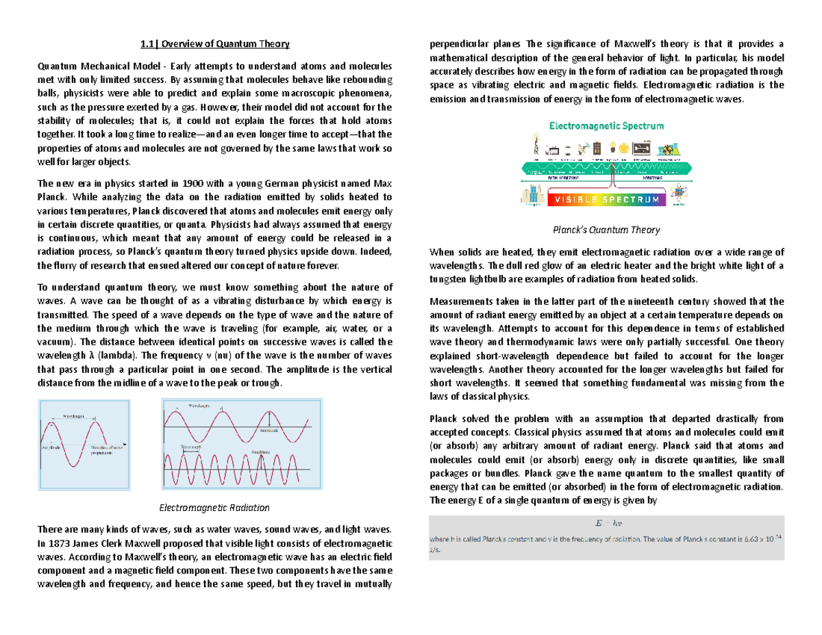 CHEM 002 Notes - Overview of Quantum Theory - 1| Overview of Quantum ...