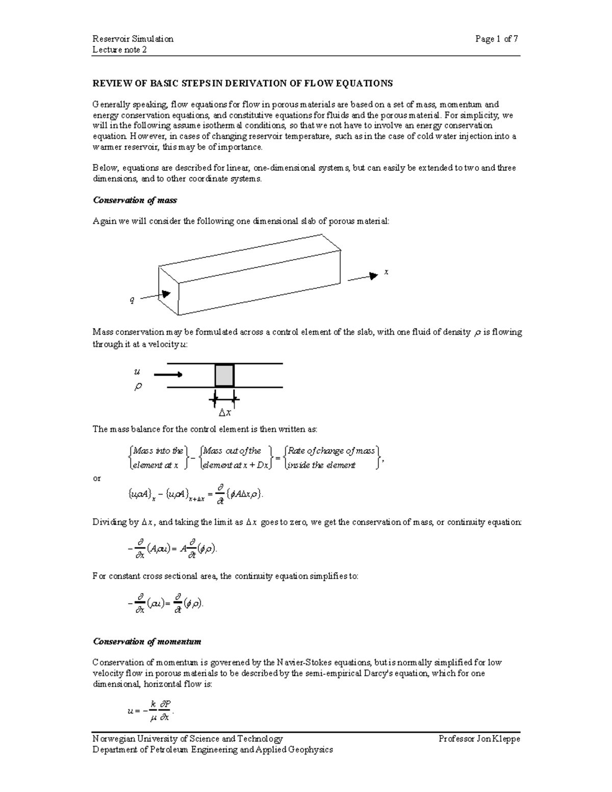 Derivation Flow Equations - Lecture note 2 Norwegian University of ...