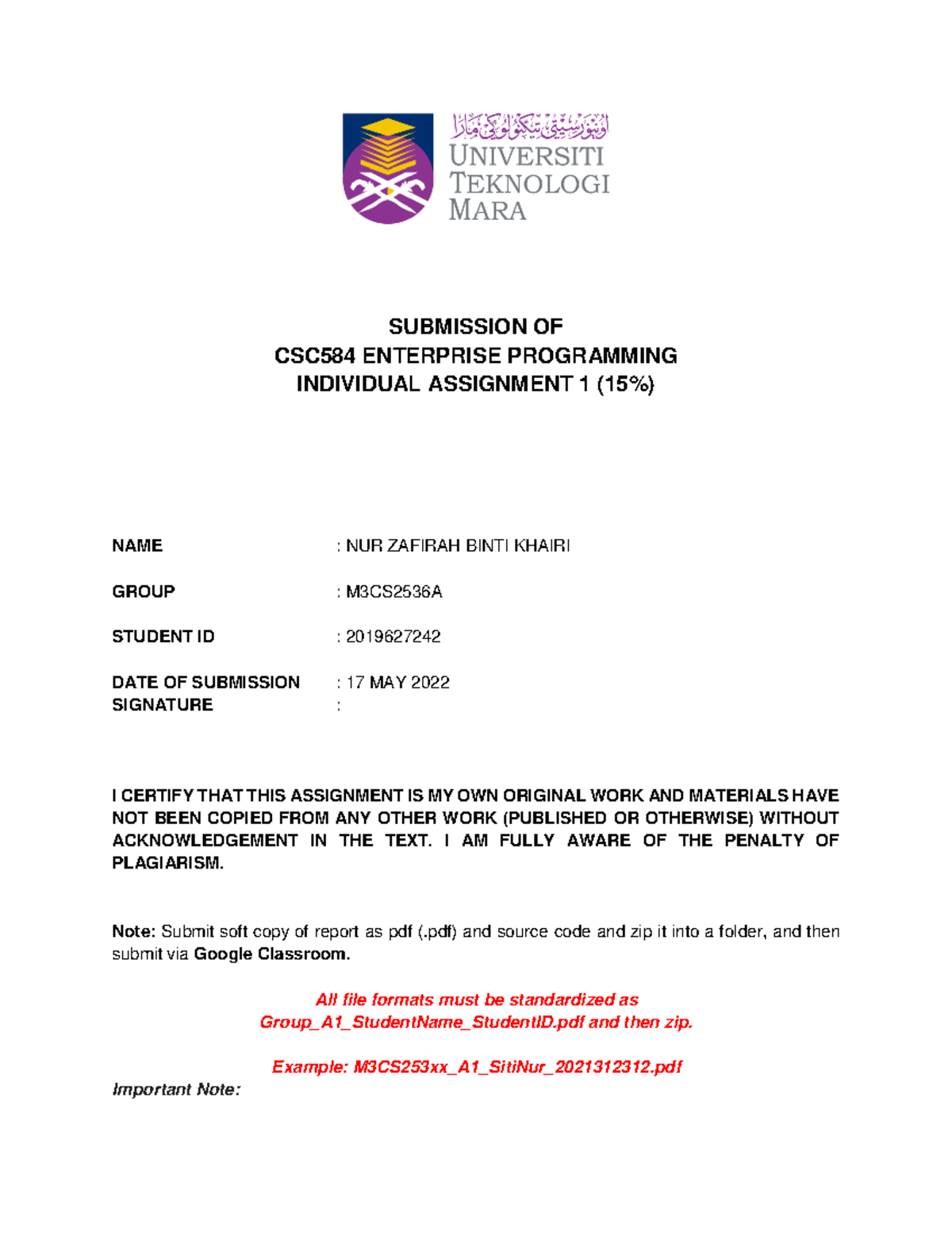 CSC 584 M3CS2536A NUR Zafirah Binti Khairi 2019 627242 - SUBMISSION OF CSC584 ENTERPRISE ...