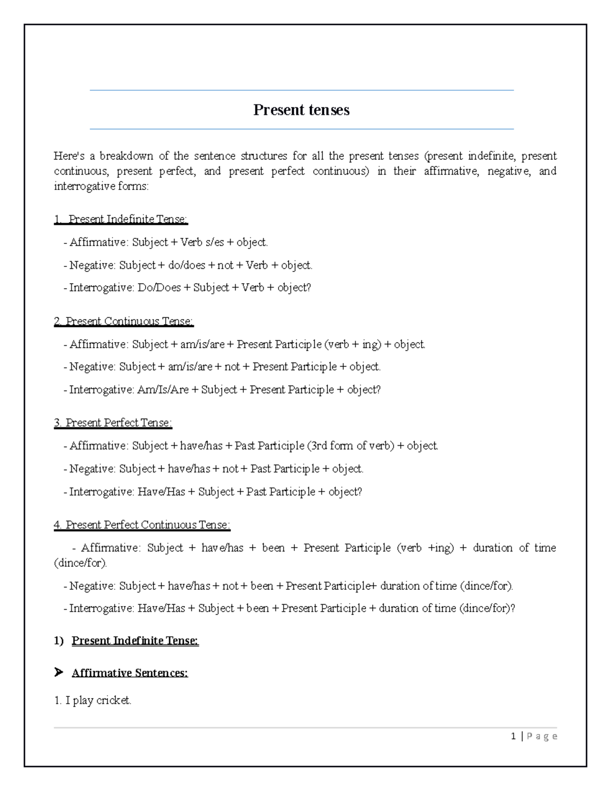 Tenses - Present tenses Here's a breakdown of the sentence structures for all the present tenses ...