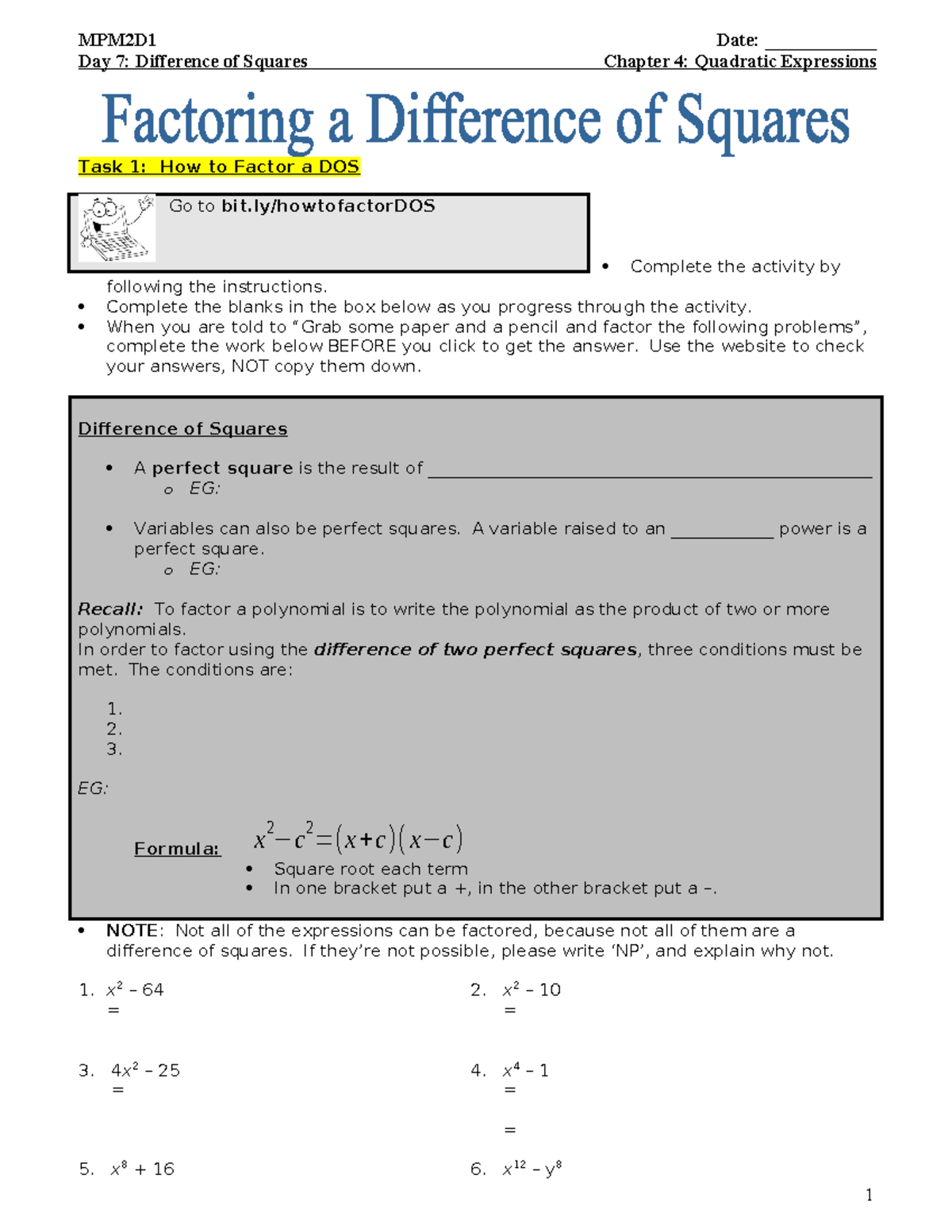 7 - difference of squares modified - MPM2D1 Date: ____________ Day 7 ...