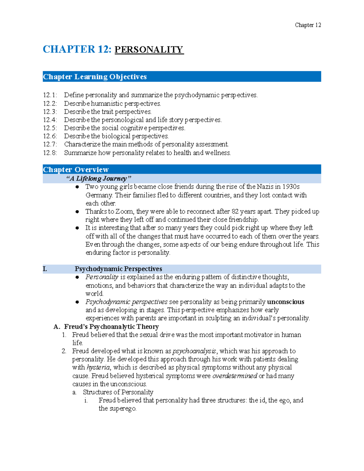 Ch 12 study guide - CH 12: personality - The Science of Psychology: an ...