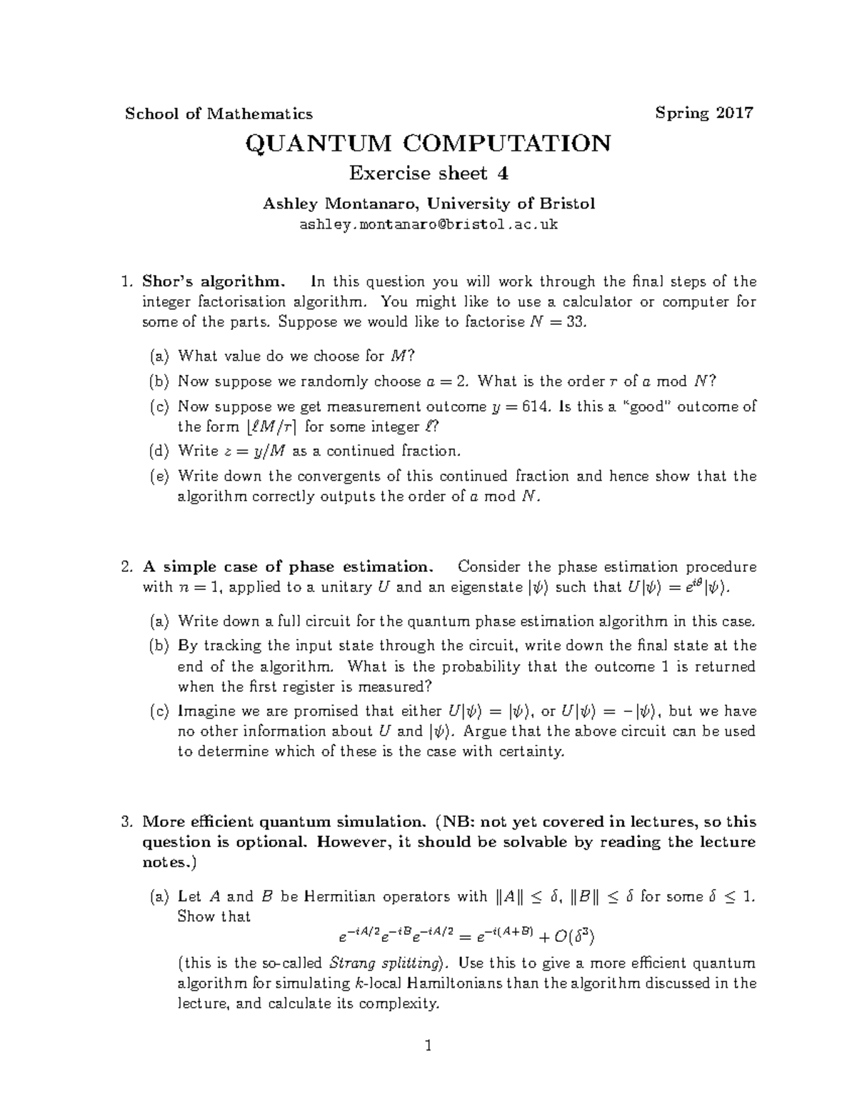 MATHM0023 2016-2017 Problem Sheet 4 - Spring 2017 School of Mathematics QUANTUM COMPUTATION ...