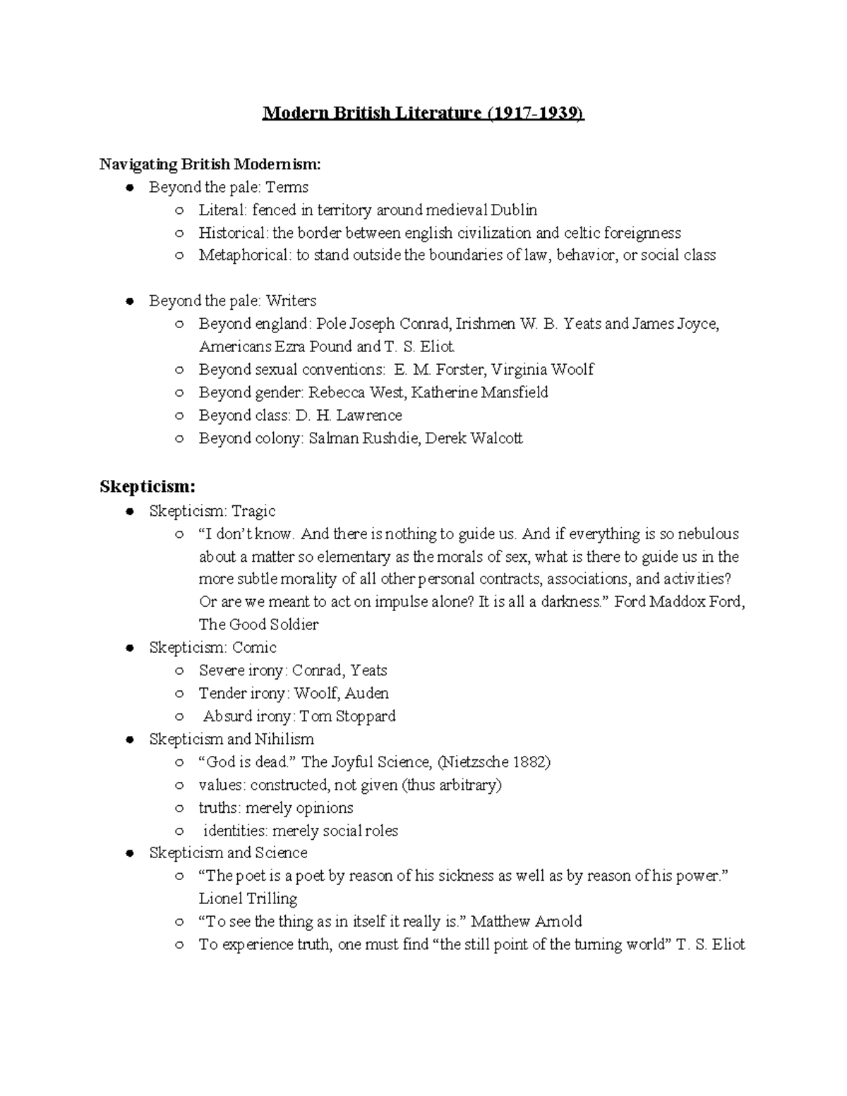 English 211 Final Notes - Modern British Literature (1917-1939 ...