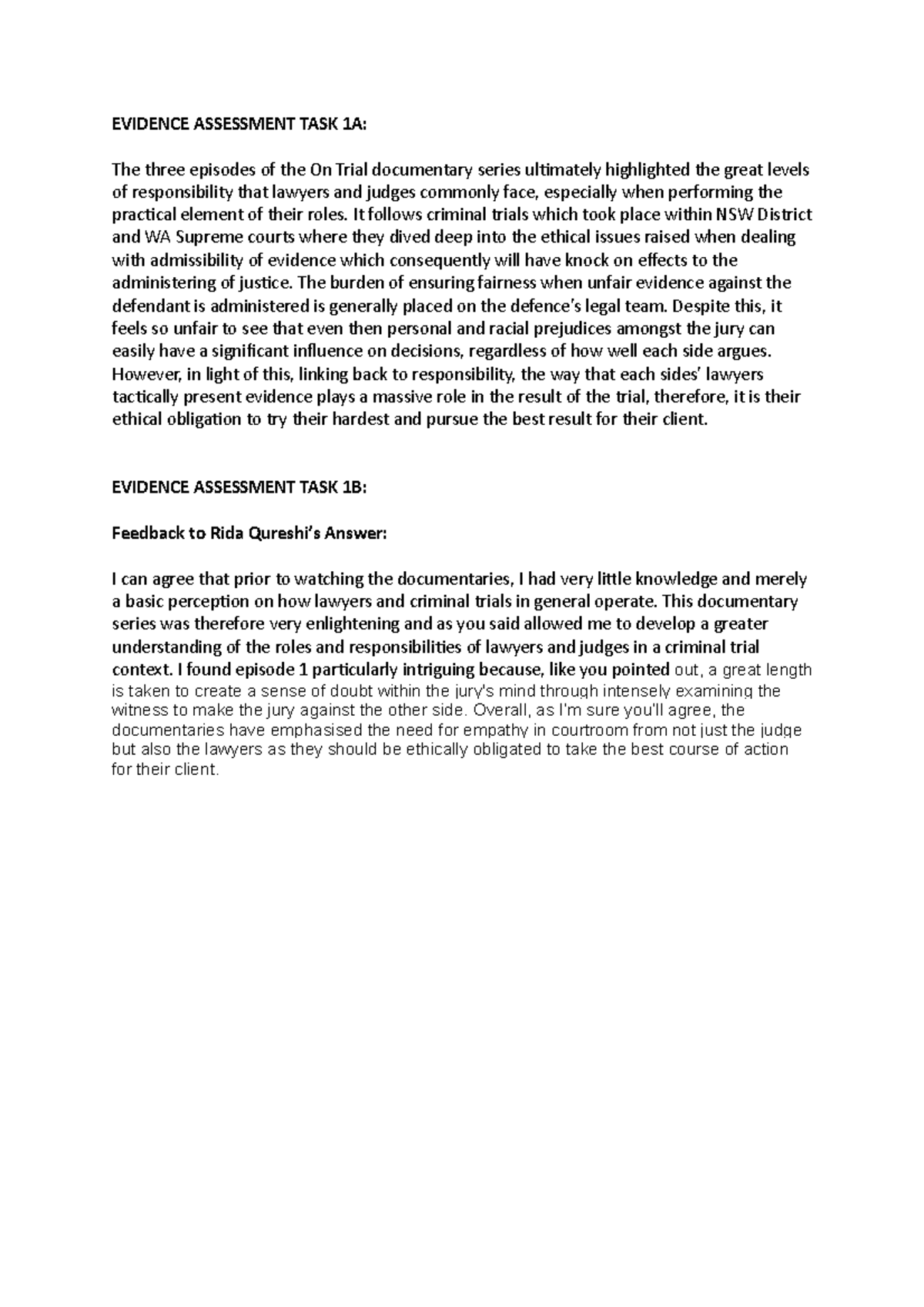 Evidence Assessment TASK 1A & 1B - EVIDENCE ASSESSMENT TASK 1A: The ...