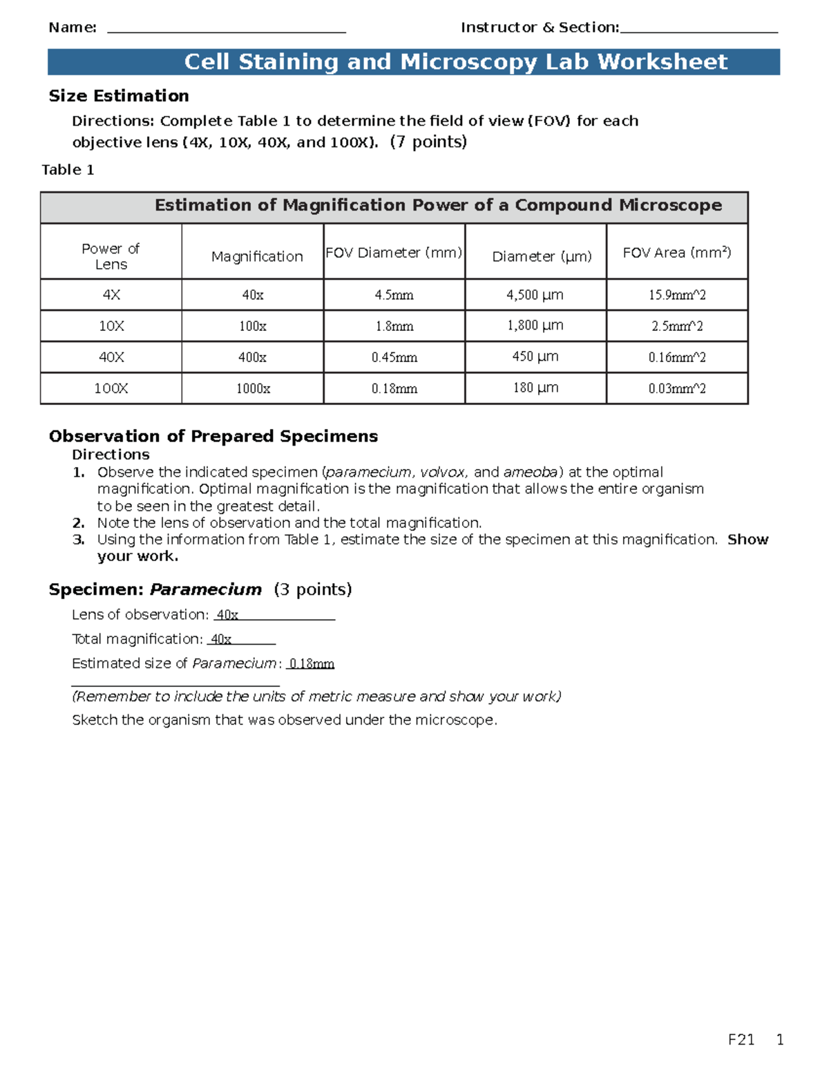 2 Cell Staining and Microscopy Lab F21 - Size Estimation Directions ...