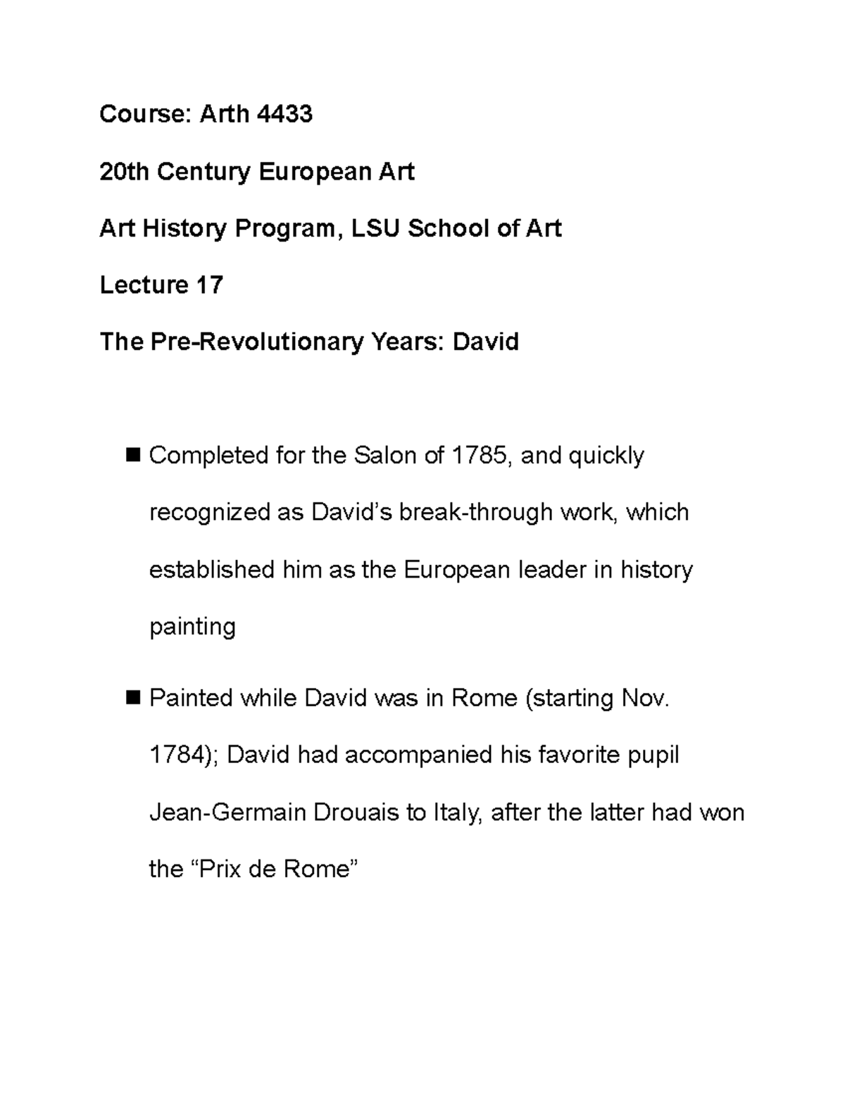 David - Transcription class notes for ARTH 4433 - Course: Arth 4433 ...