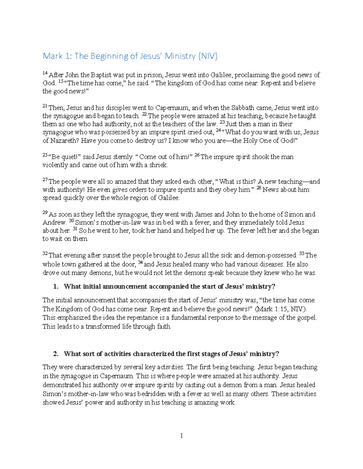 Jesus life of biblical passages (rev JCM 062016 ) - Mark 1: The ...