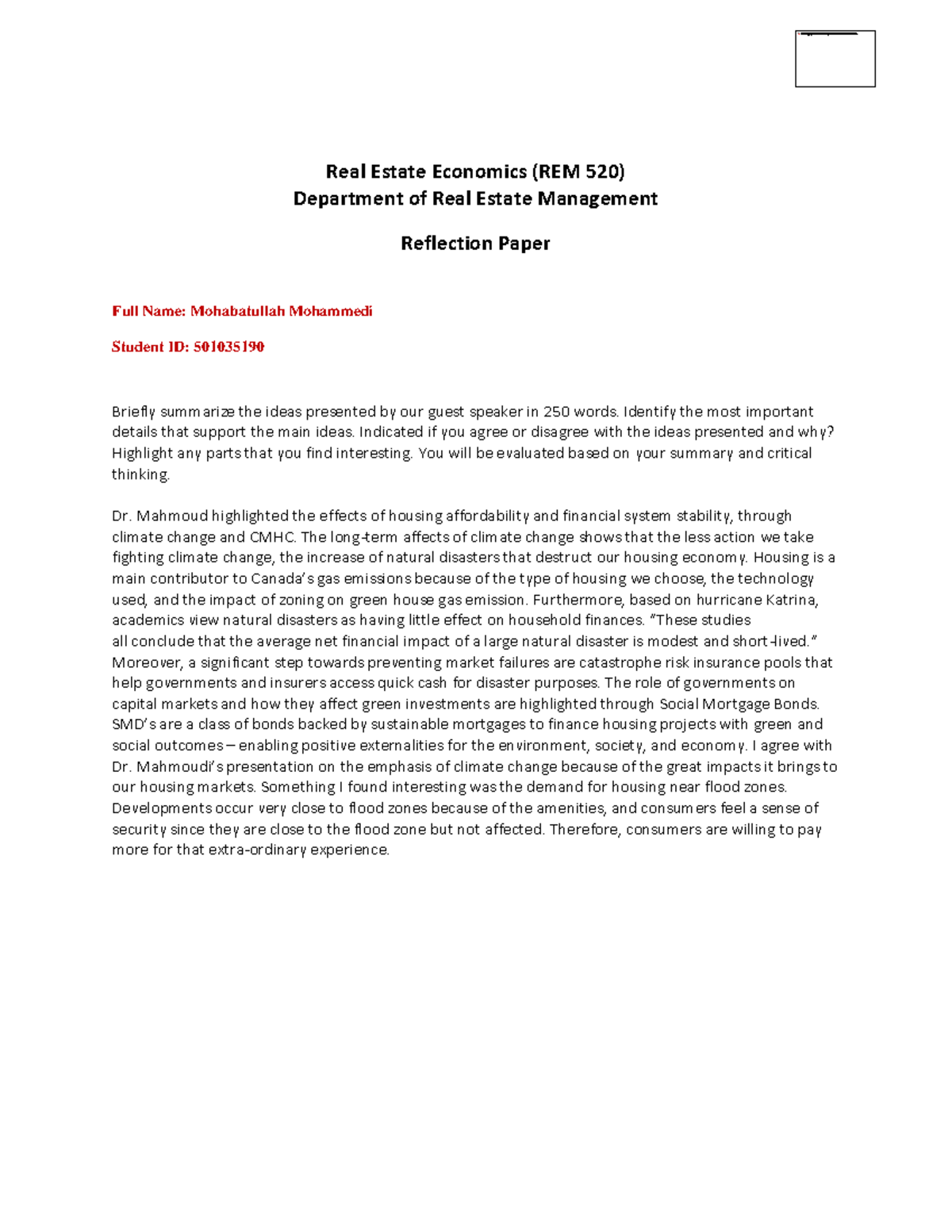 REM520 Reflection paper - Real Estate Economics (REM 520) Department of ...