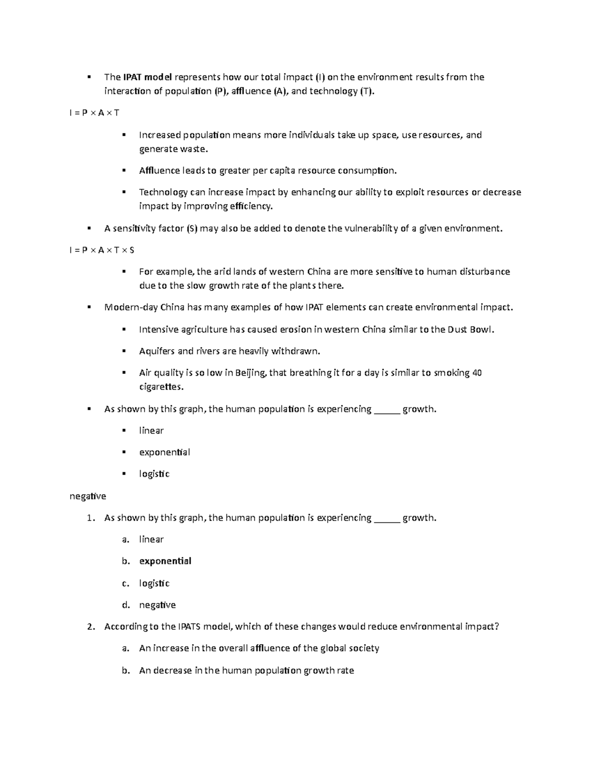 The IPAT model - COURSE SUMMARY FOR GLOBAL WARMING COURSE FALL 2019 ...