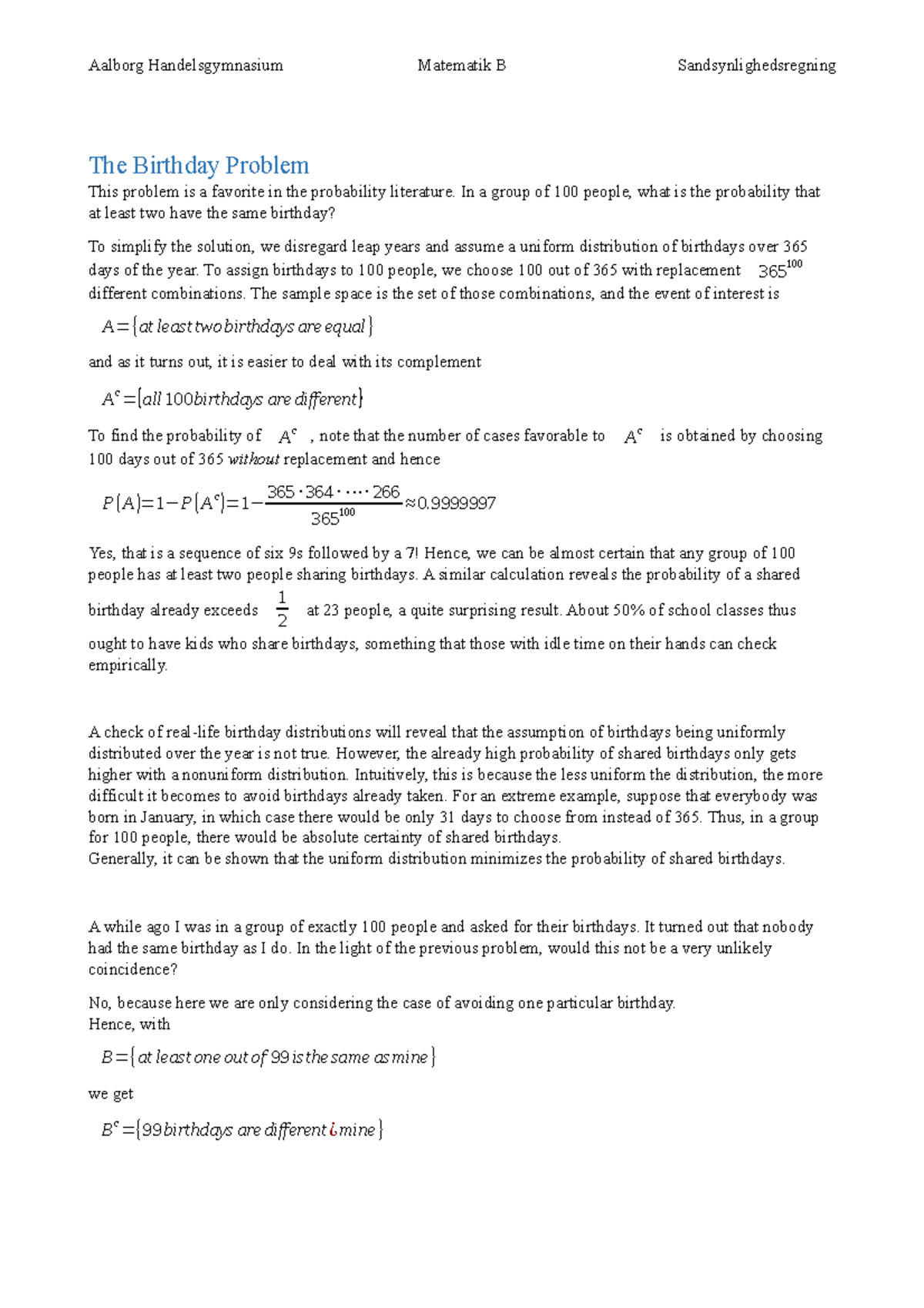 The Birthday Problem - Aalborg Handelsgymnasium Matematik B ...
