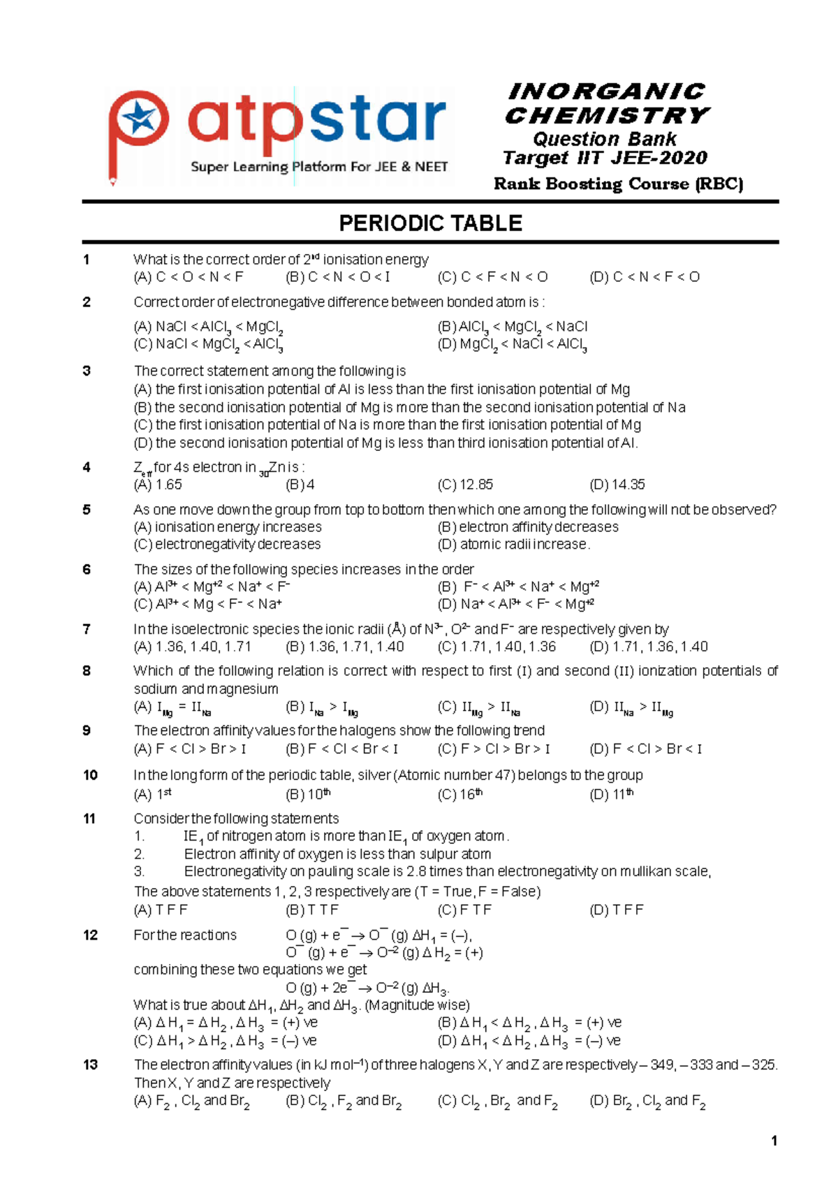 Periodic Table - .please - INORGANIC CHEMISTRY Question Bank Target IIT ...