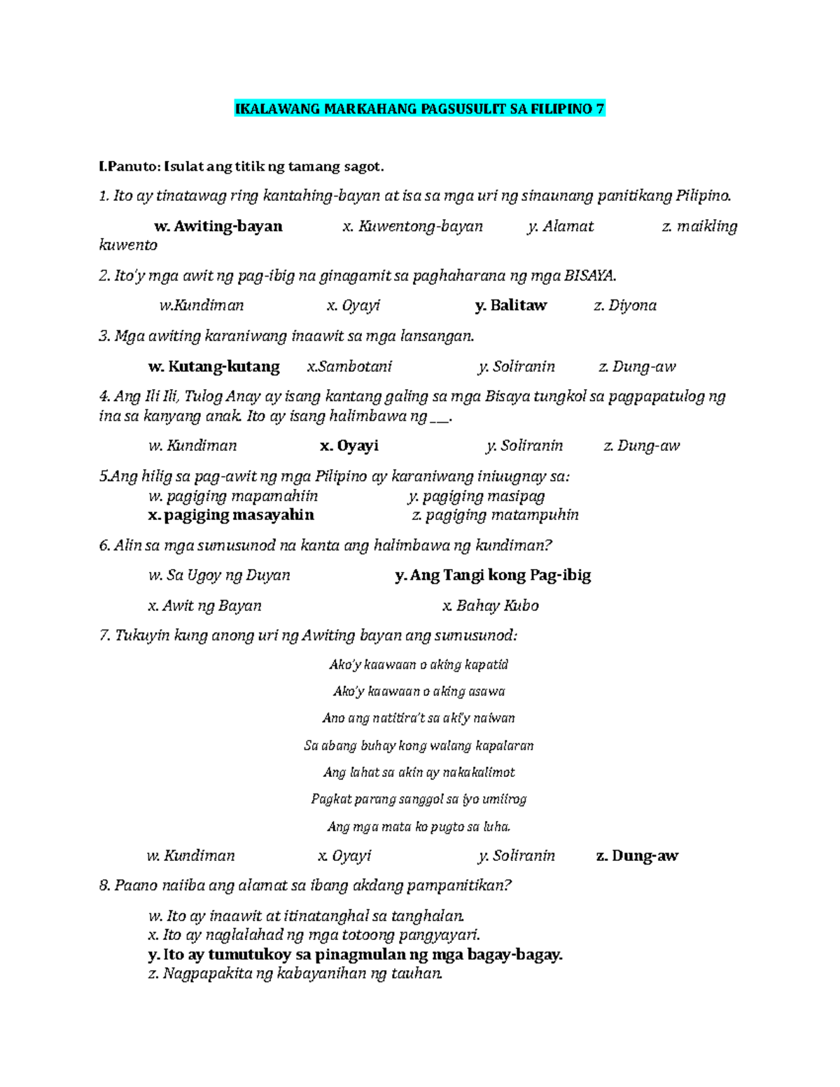 Ikalawang Markahang Pagsusulit SA Filipino 7 - IKALAWANG MARKAHANG ...