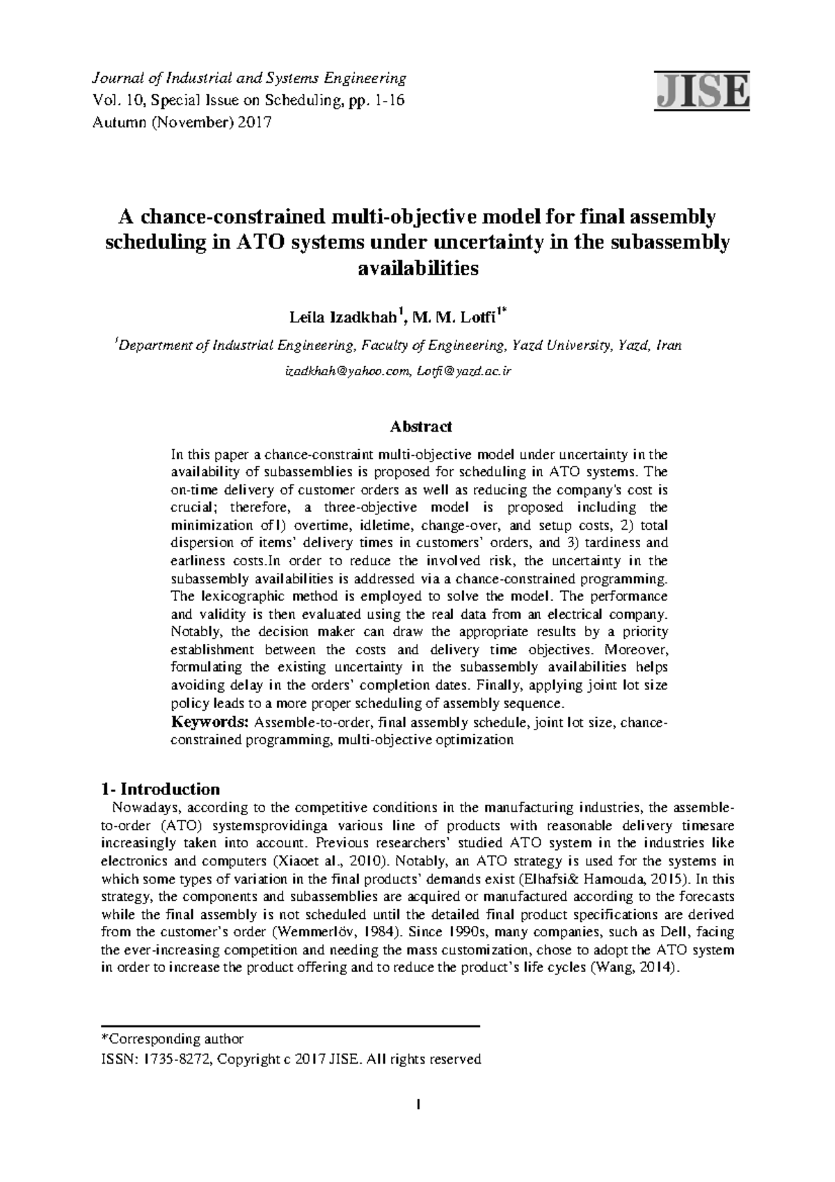 A chance-constrained multi-objective model for final assembly ...