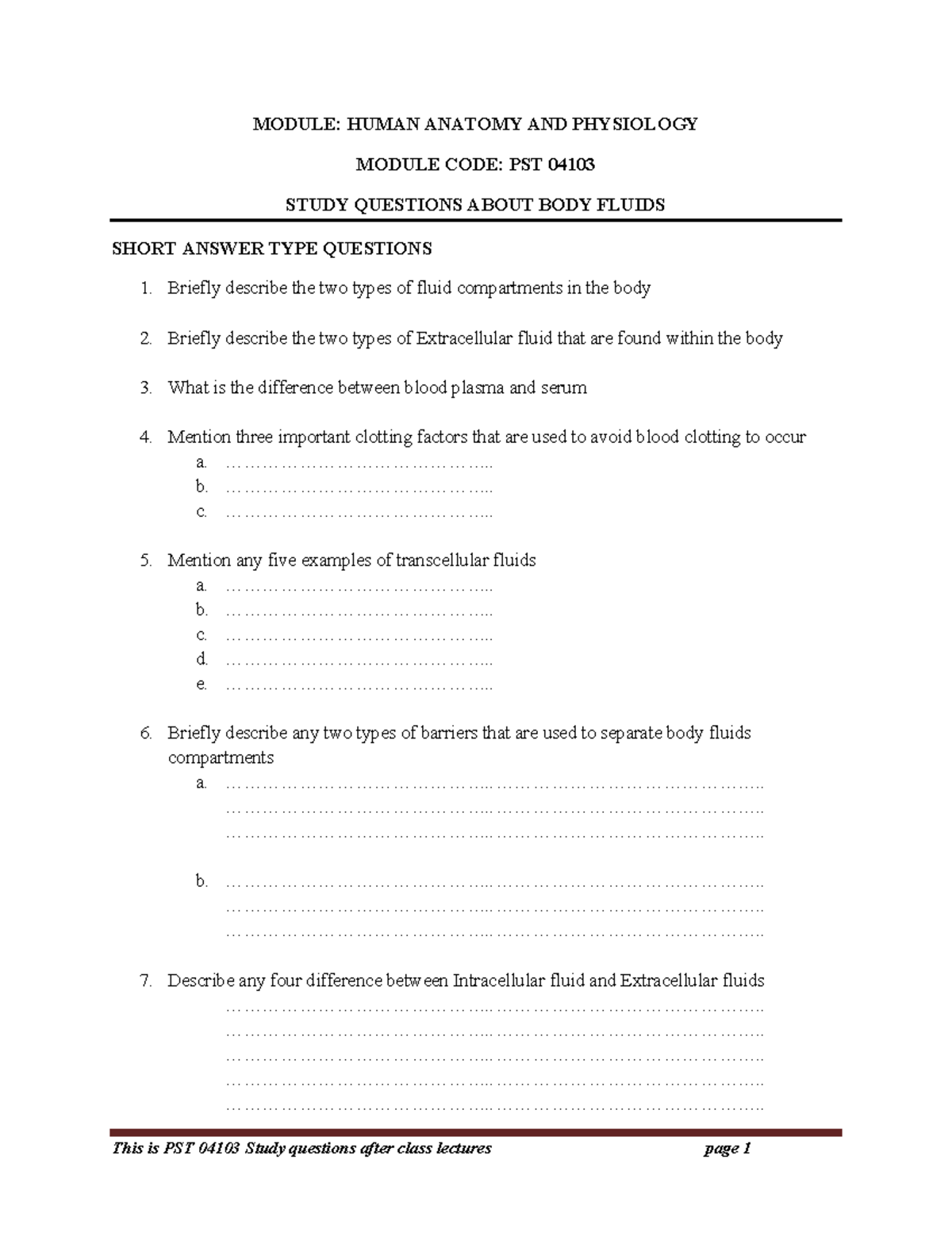 Body Fluids Study Questions - MODULE: HUMAN ANATOMY AND PHYSIOLOGY ...
