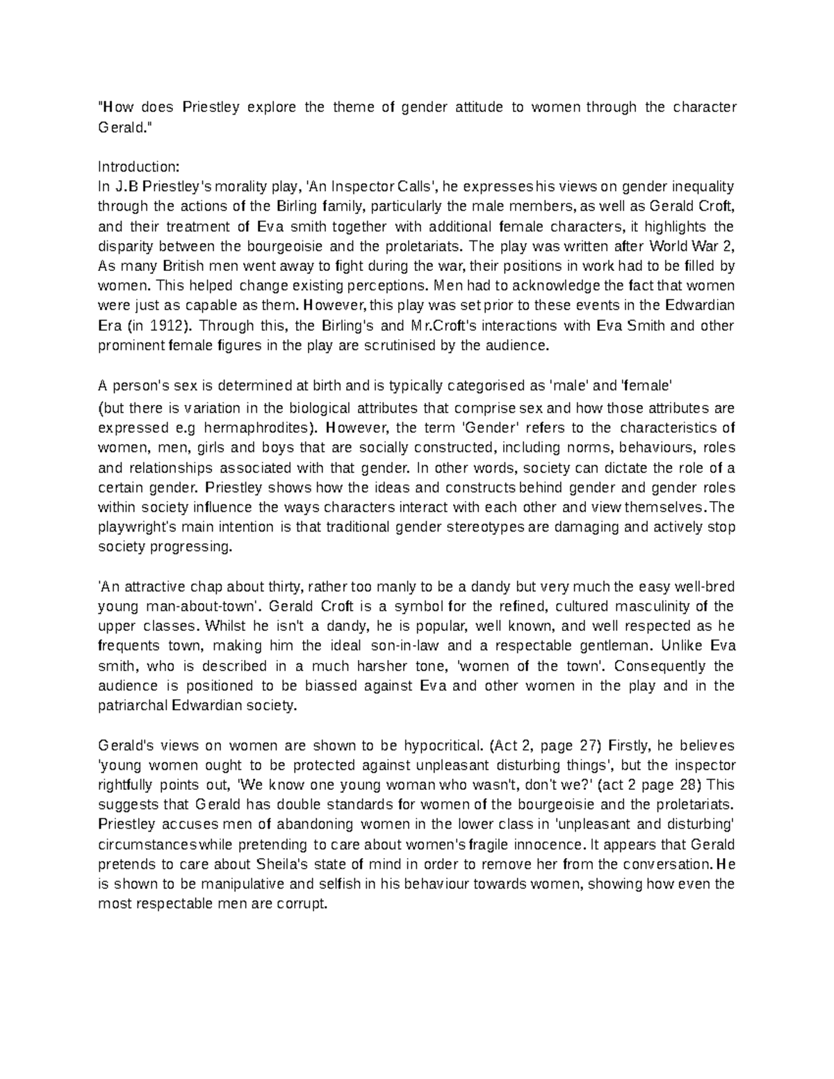 “How does Priestley explore the theme of gender attitude to women ...