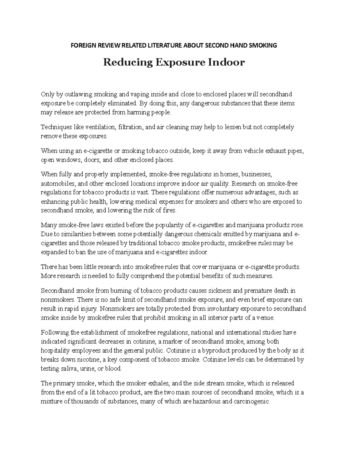 Foreign Review Related Literature About Second HAND Smoking - FOREIGN ...