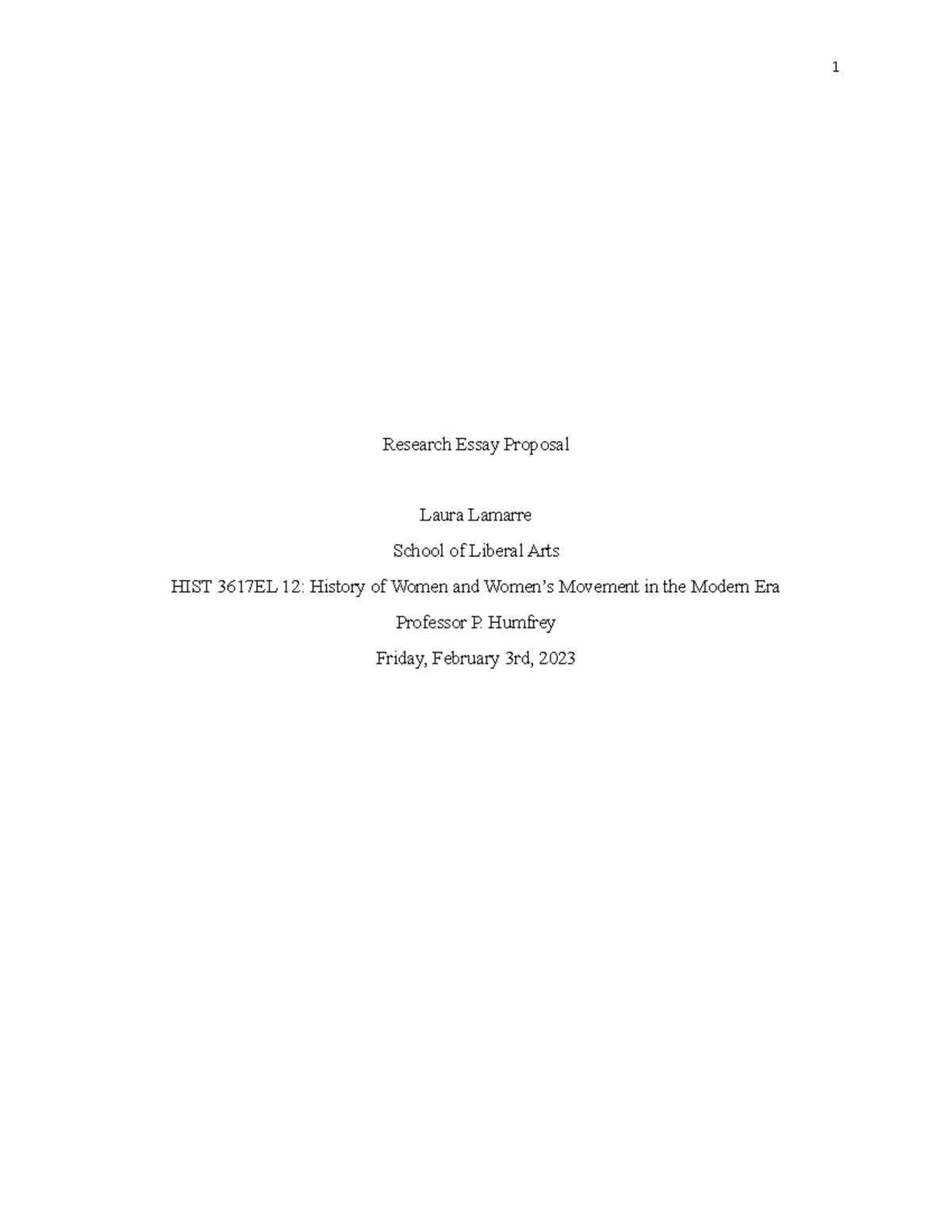Research Essay Proposal - 1 Research Essay Proposal Laura Lamarre ...