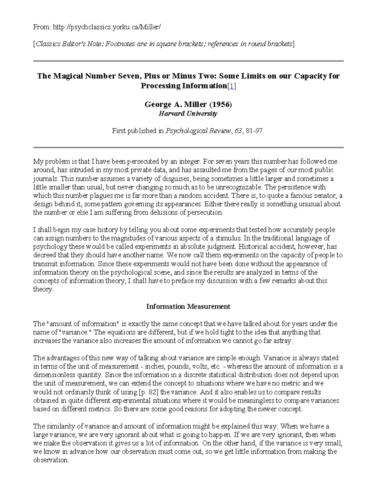 Miller (1956) - From: psychclassics.yorku/Miller/ [Classics Editor's ...