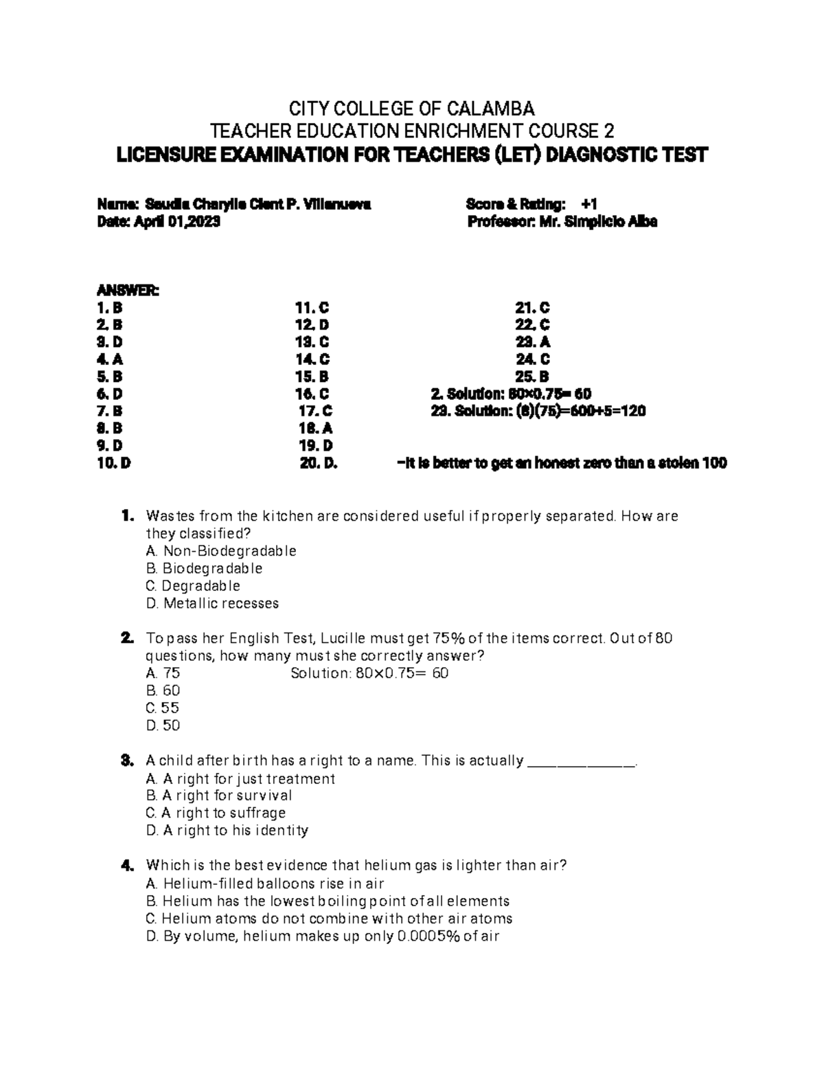 TEEC2 LET Diagnostic Exam With‐Answer - CITY COLLEGE OF CALAMBA TEACHER ...