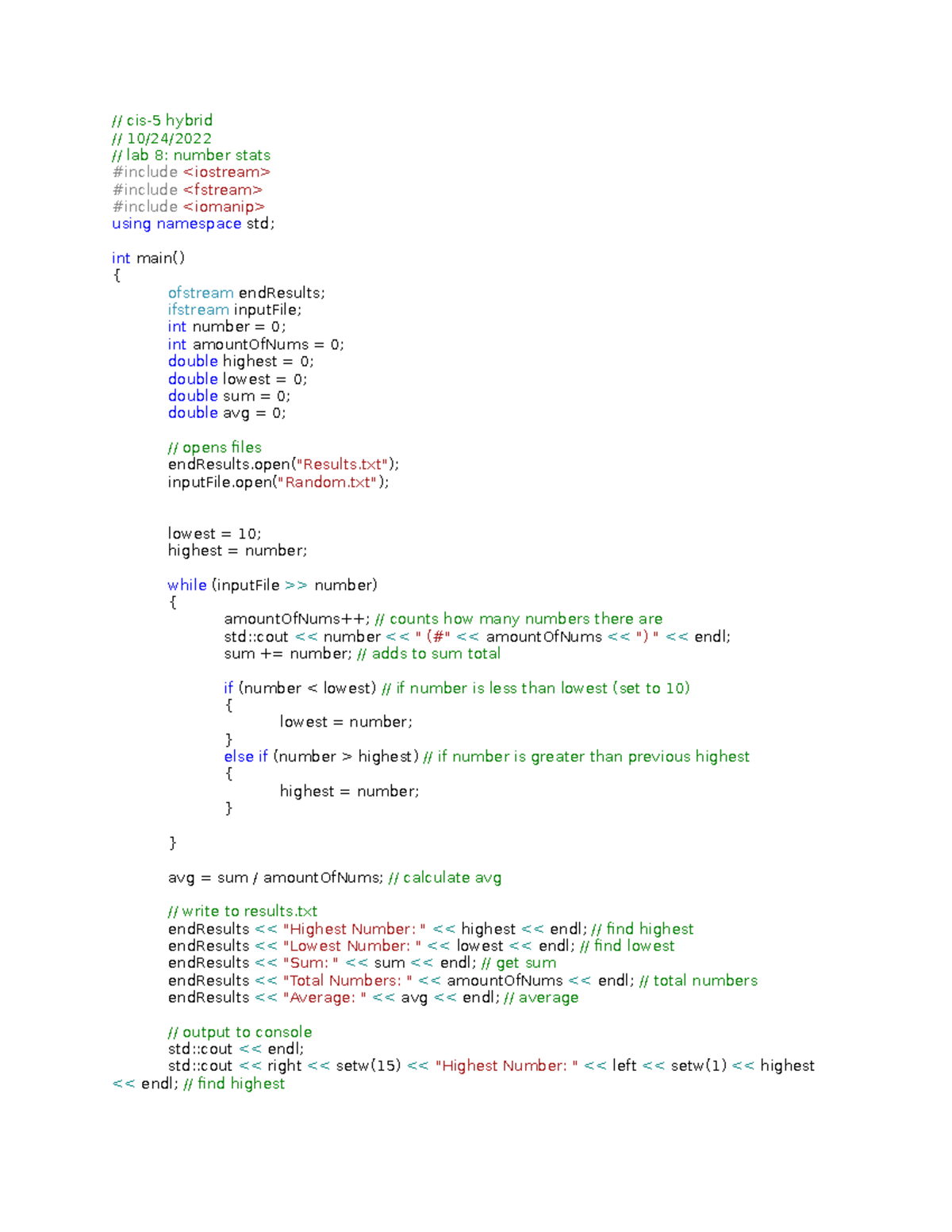 (Module 8) - Number Stats - Lab 8 - // cis-5 hybrid // 10/24/ // lab 8: number stats #include ...