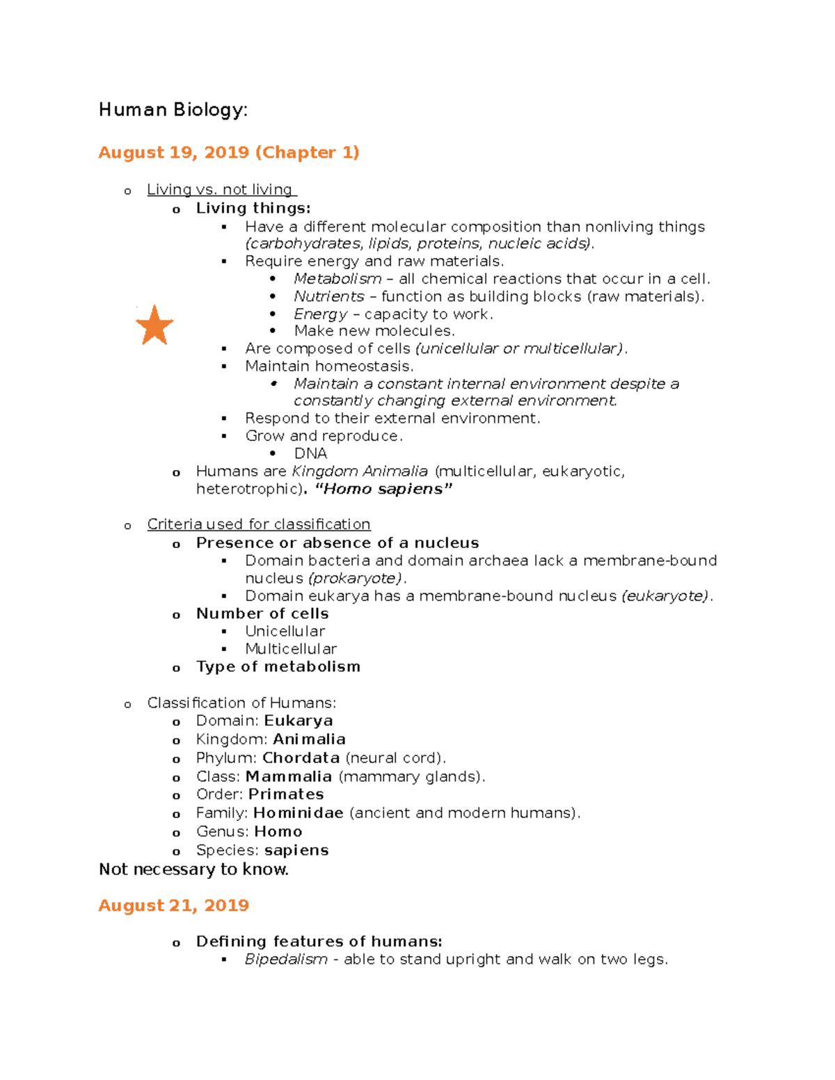 BIO 102 Notes - Human Biology: August 19, 2019 (Chapter 1) o Living vs ...
