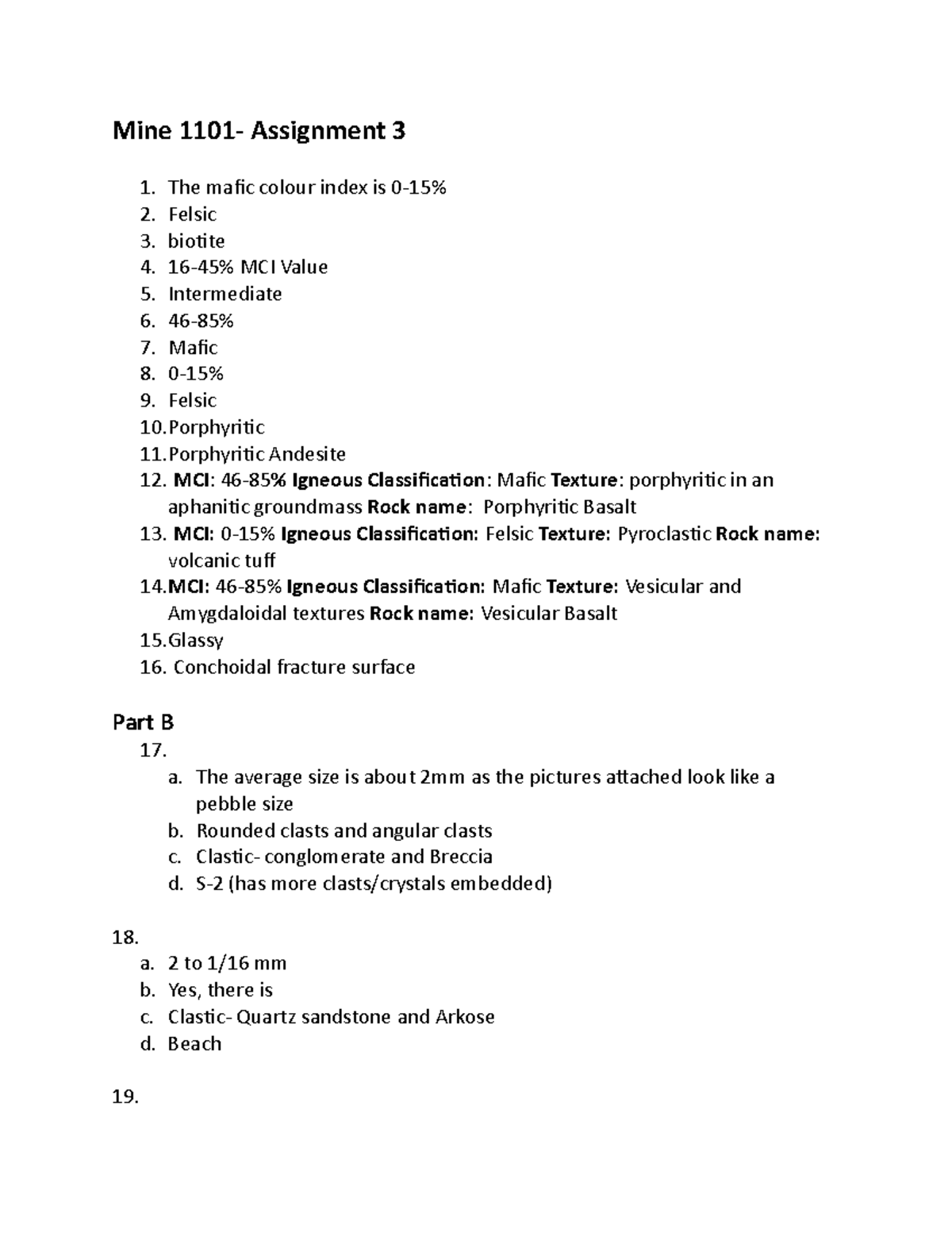 Mine 1101 Assignment 3 - Mine 1101- Assignment 3 The mafic colour index ...