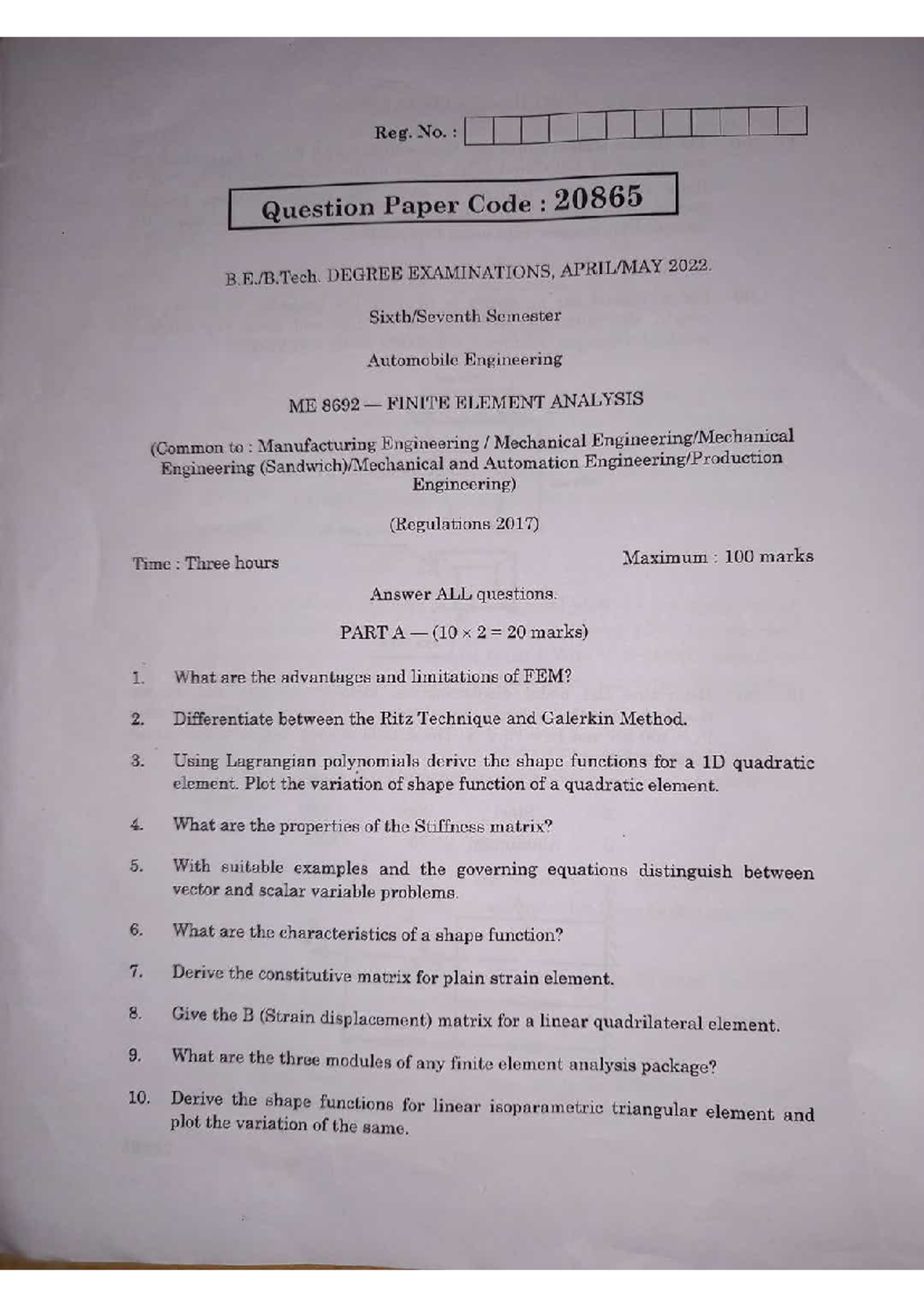 FEA Aprilmay 2022 - ANNA UNIVERSITY QUESTION PAPER - Mechanical ...