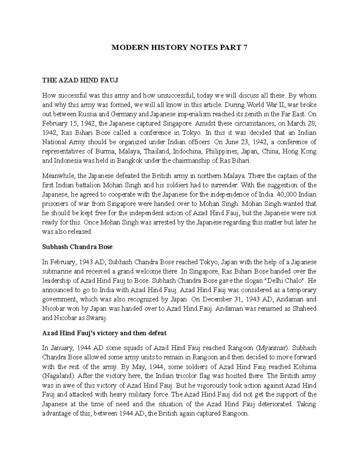 Modern History Notes PART 7 - MODERN HISTORY NOTES PART 7 THE AZAD HIND ...